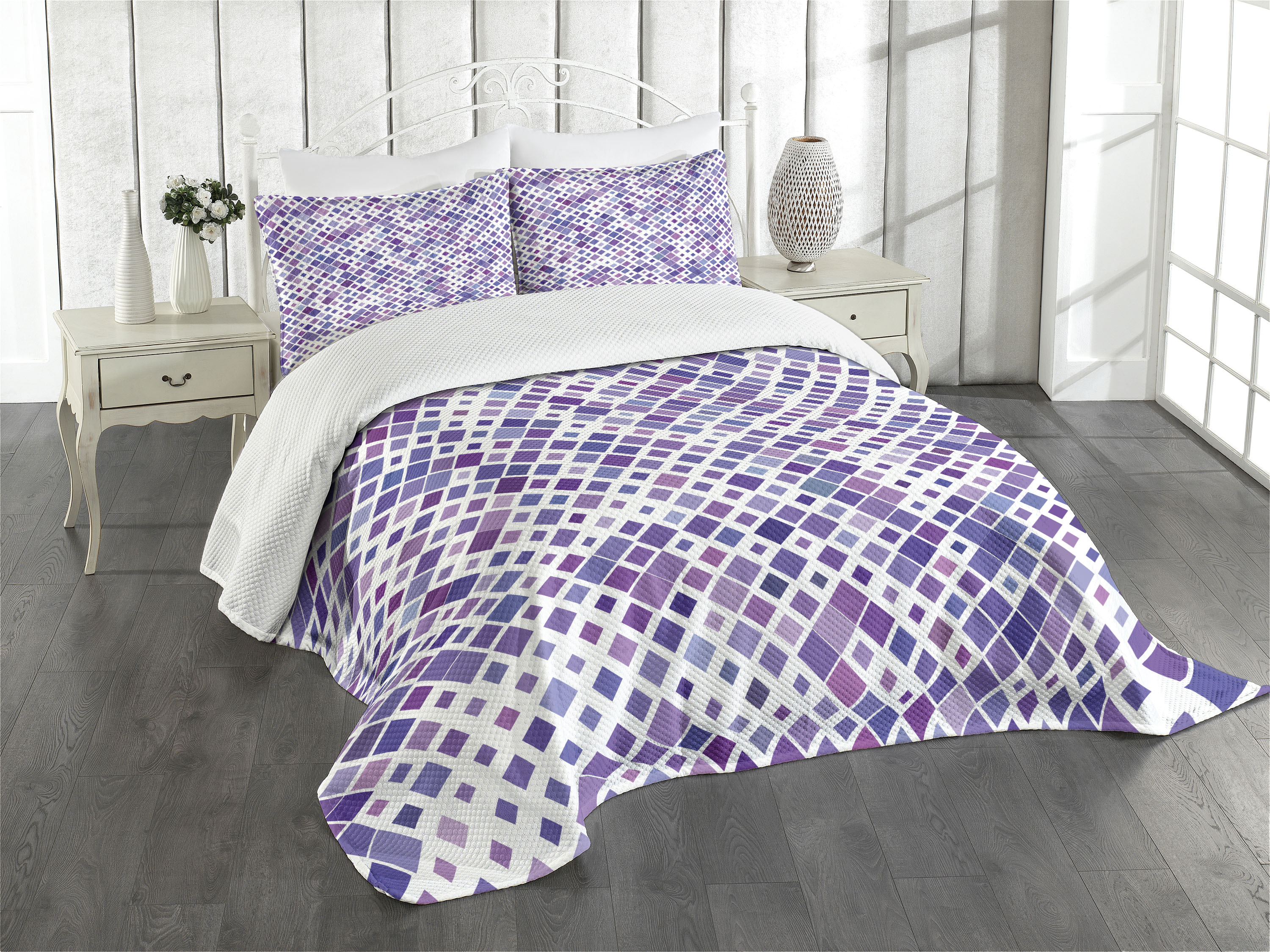Ambesonne Lavender Quilted Bedspread Set 3 Pcs, Purple Retro, Queen ...