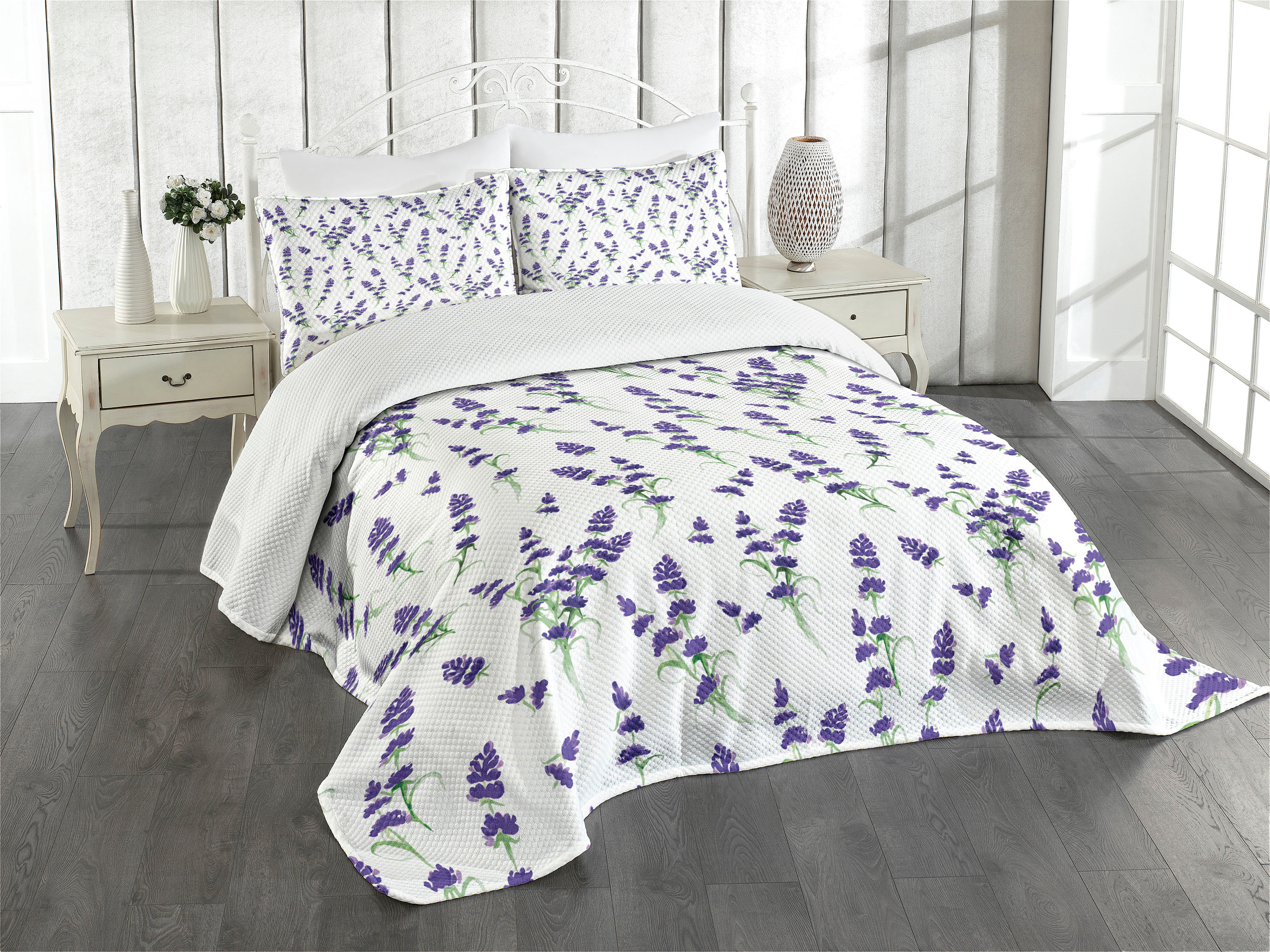 Ambesonne Lavender Quilted Bedspread Set 3 Pcs, Watercolor Art Plant ...