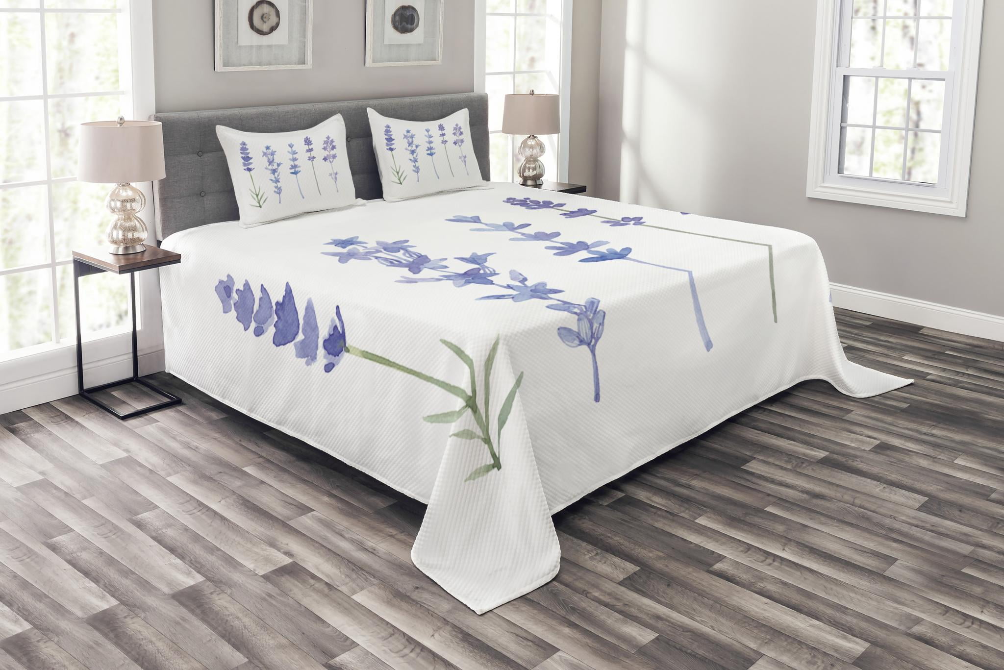 Ambesonne Lavender Quilted Bedspread Set 3 Pcs, Watercolor Rural Herbs ...