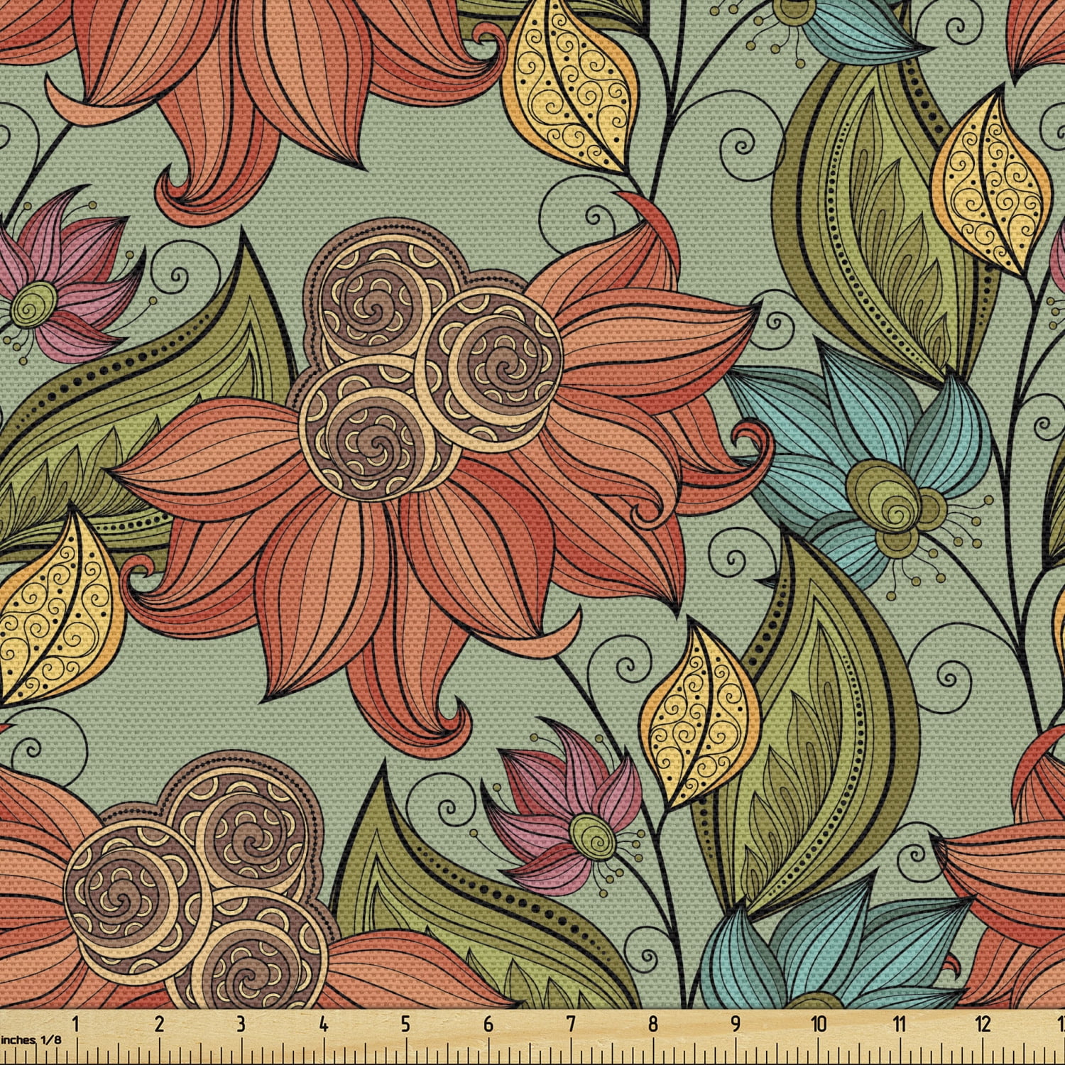 Ambesonne Leaf Fabric by the Yard Upholstery, Oriental Nature Flourish ...