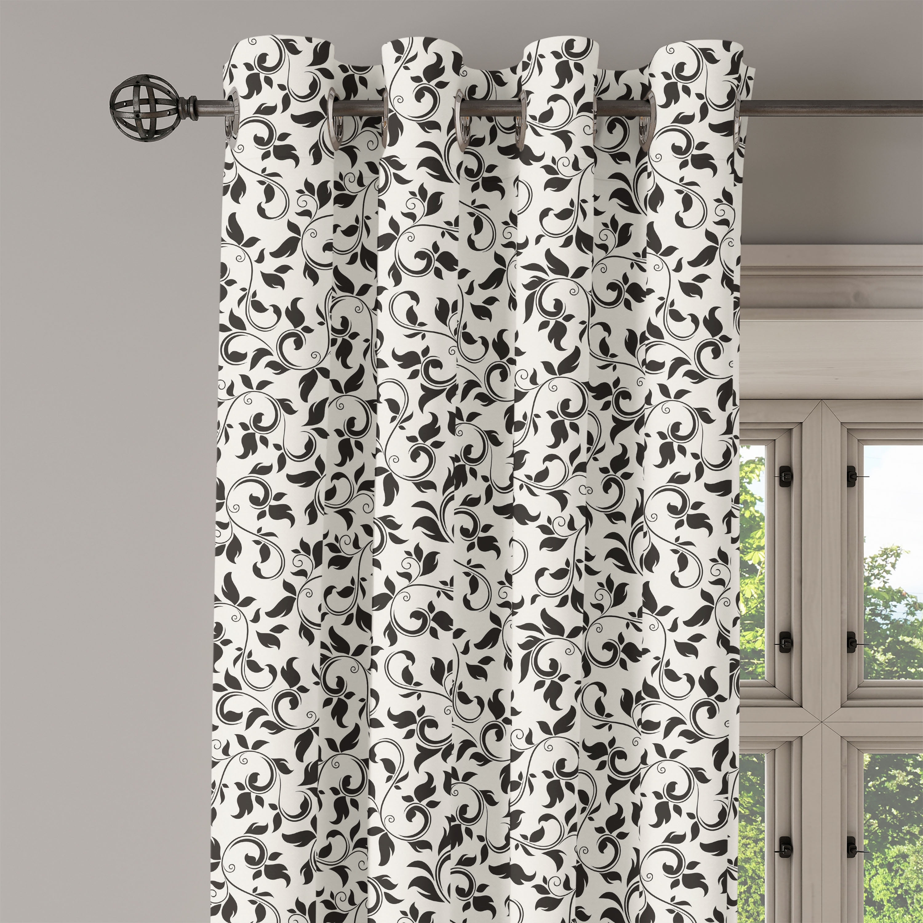 Ambesonne Leaf Grommet Curtain Single Panel, Monochrome Scroll Pattern ...