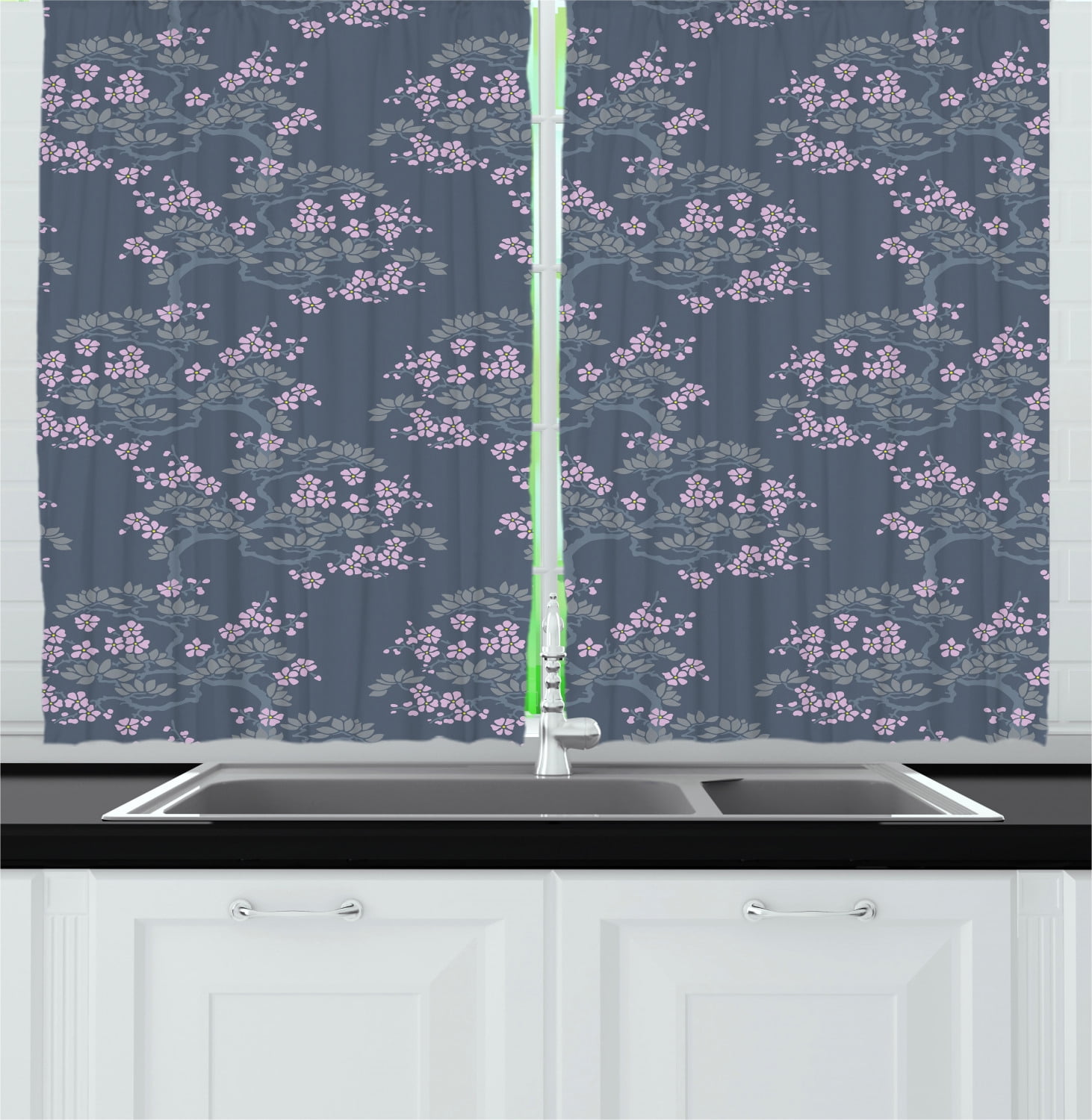 Ambesonne Leaf Kitchen Curtains, Japanese Plum Blossoms, 55"x39 ...