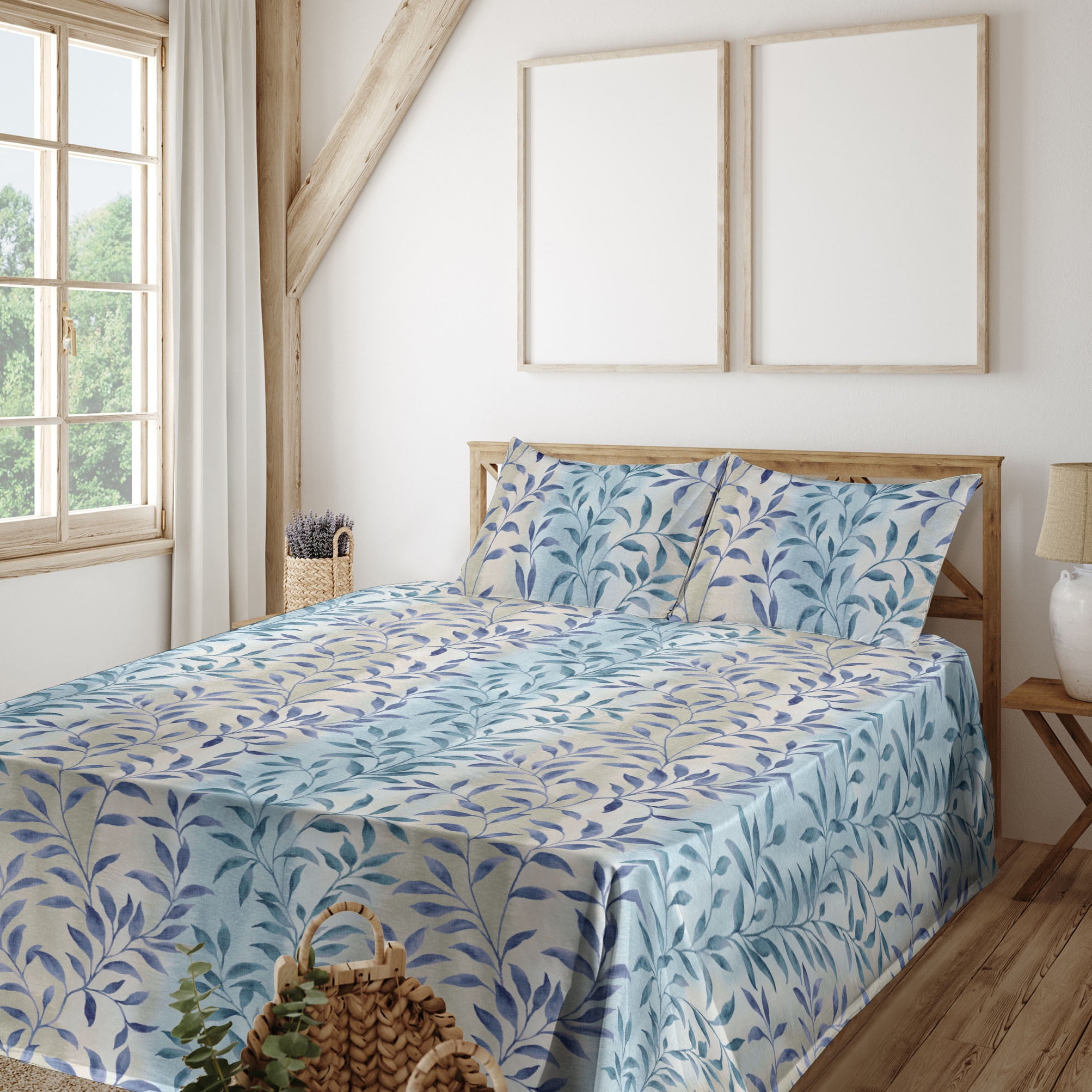 Ambesonne Leaf Print Fitted & Flat Sheet with Shams 4 Pcs Set, Painting ...