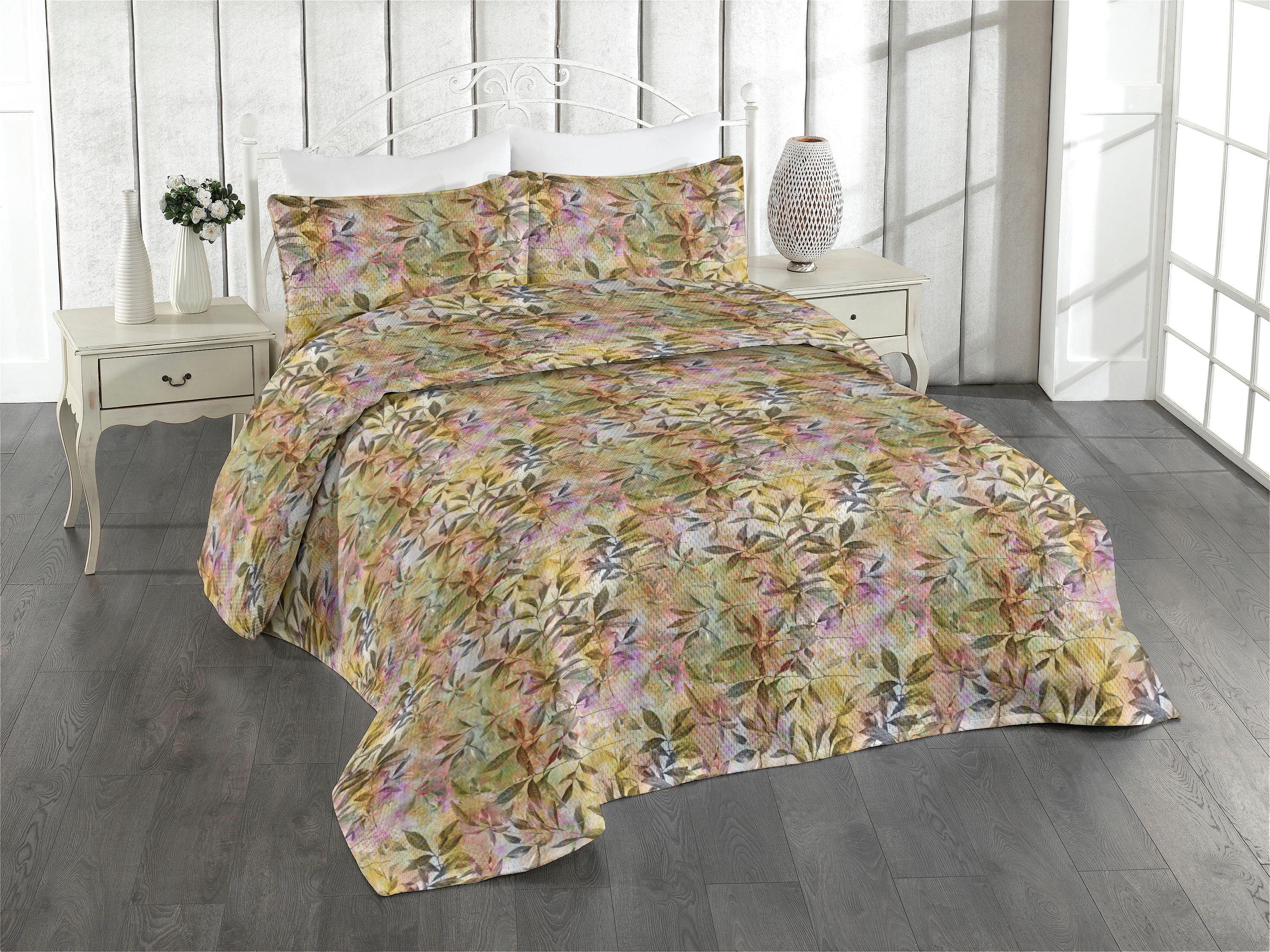 Ambesonne Leaf Print Quilted Bedspread Set 3 Pcs, Colorful Retro Leaves ...