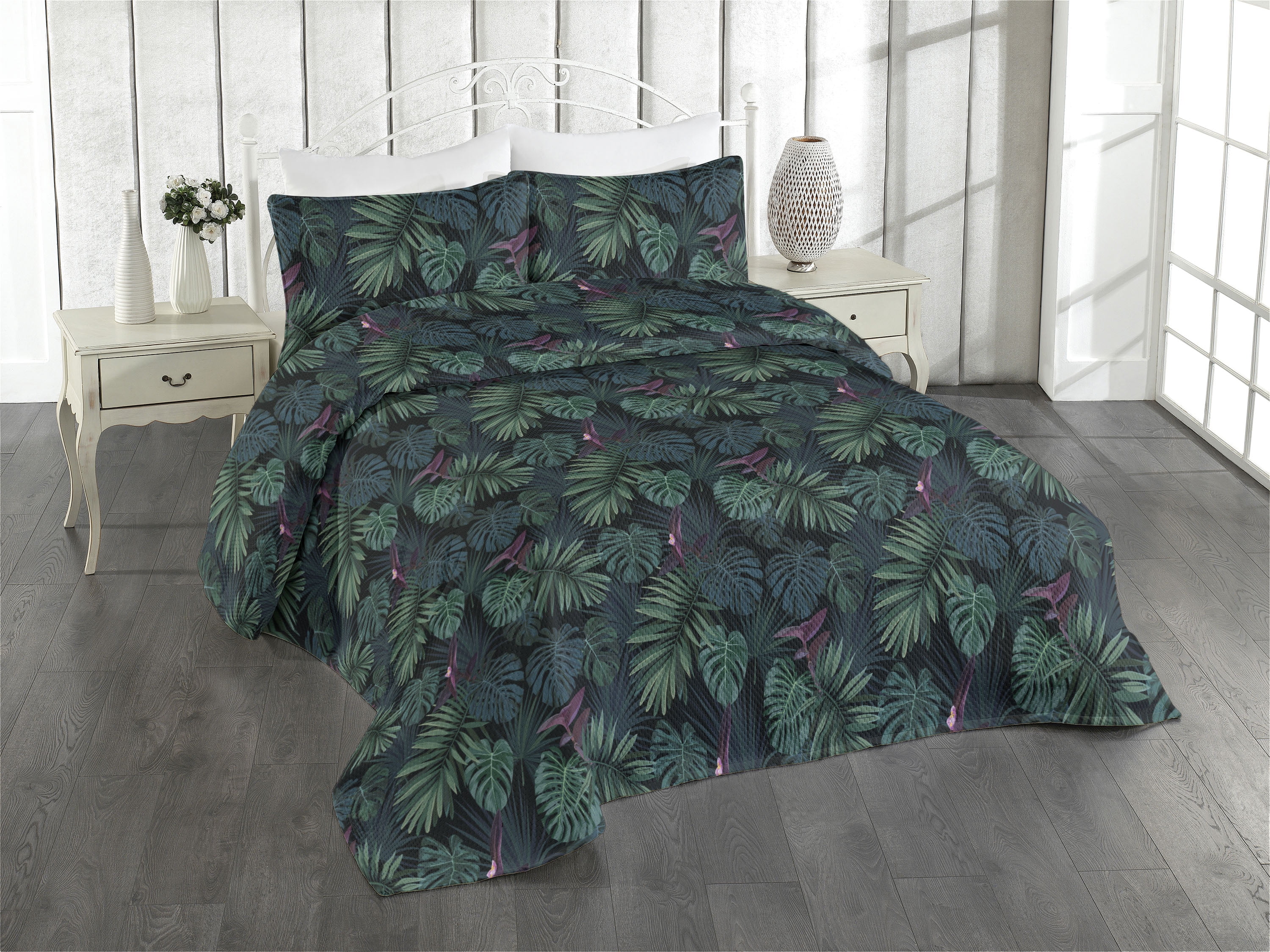Ambesonne Leaf Print Quilted Bedspread Set 3 Pcs, Modern Exotic Art ...