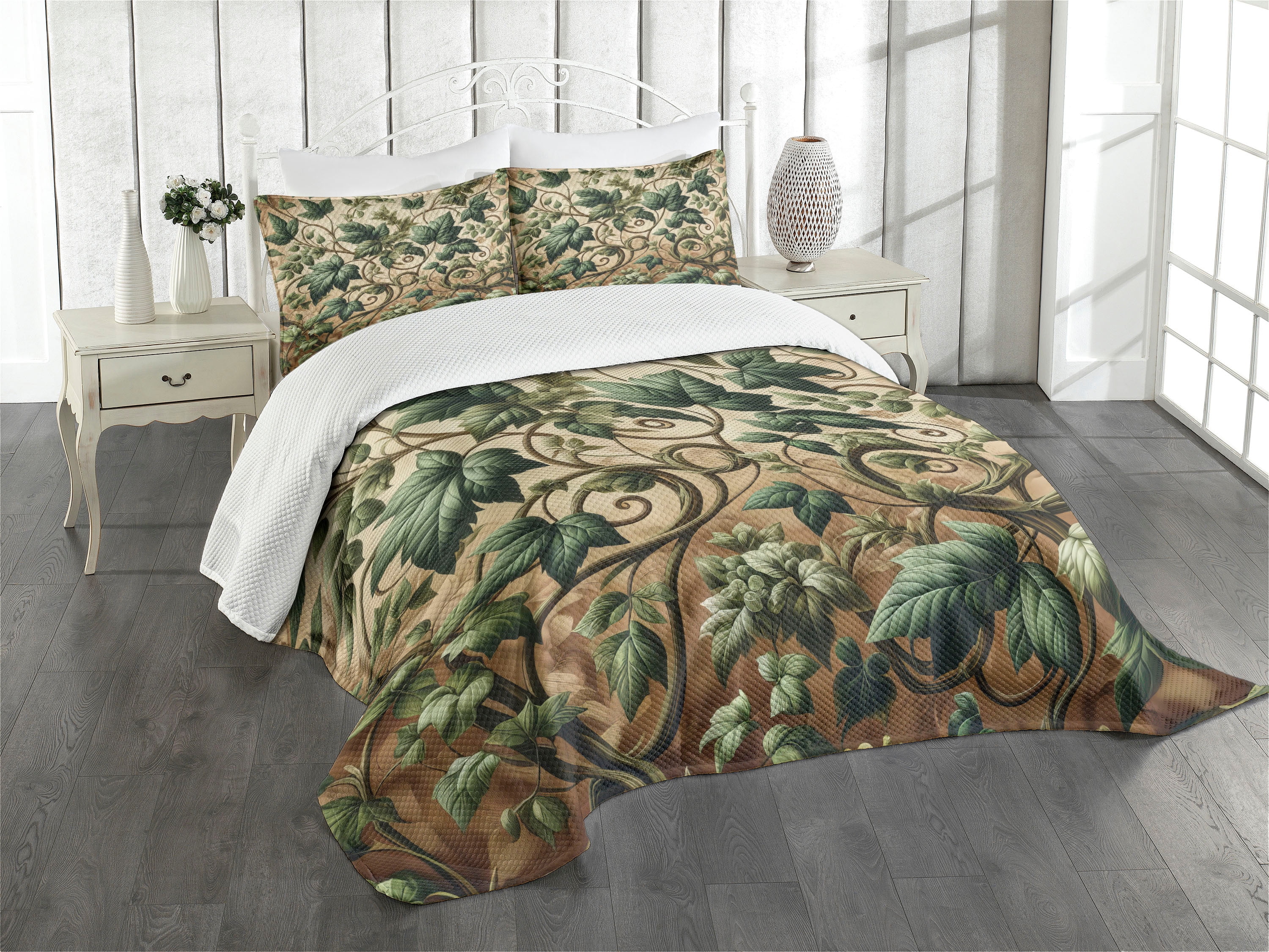Ambesonne Leaf Print Quilted Bedspread Set 3 Pcs, Swirling Branches Ivy ...