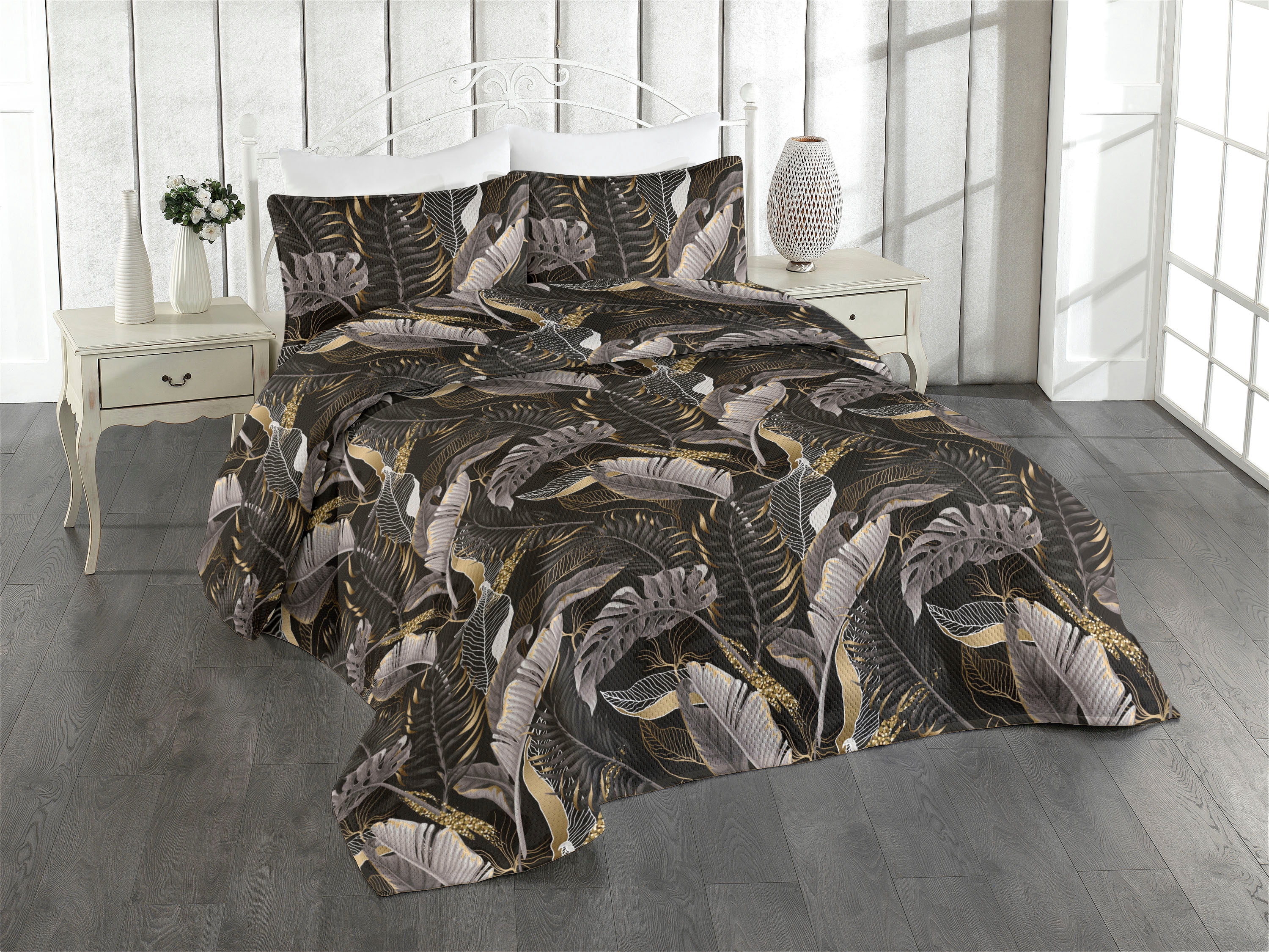 Ambesonne Leaf Print Quilted Bedspread Set 3 Pcs, Tropical Retro Leaves ...