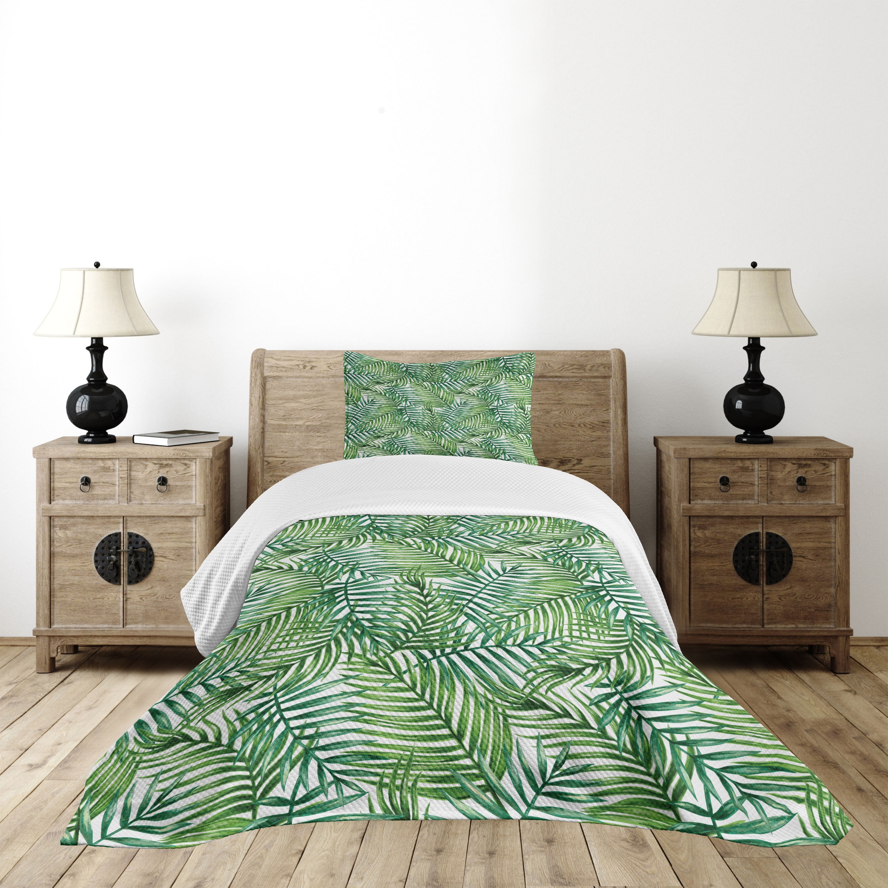 Ambesonne Leaf Quilted Bedspread Set 2 Pcs, Botanical Wild Palm Trees ...