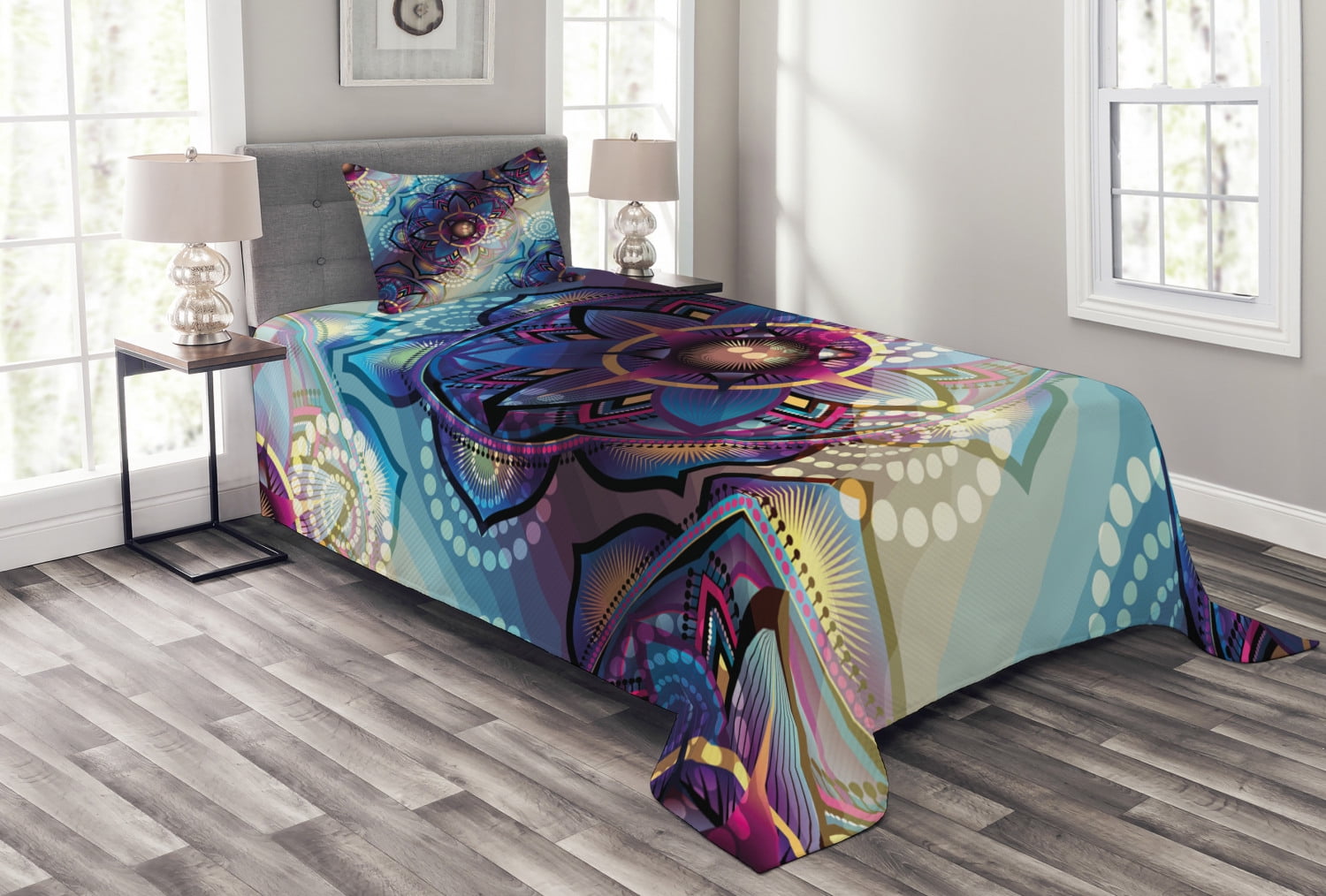 Ambesonne Leaf Quilted Bedspread Set 2 Pcs, Diagonal Gradient Lotus ...