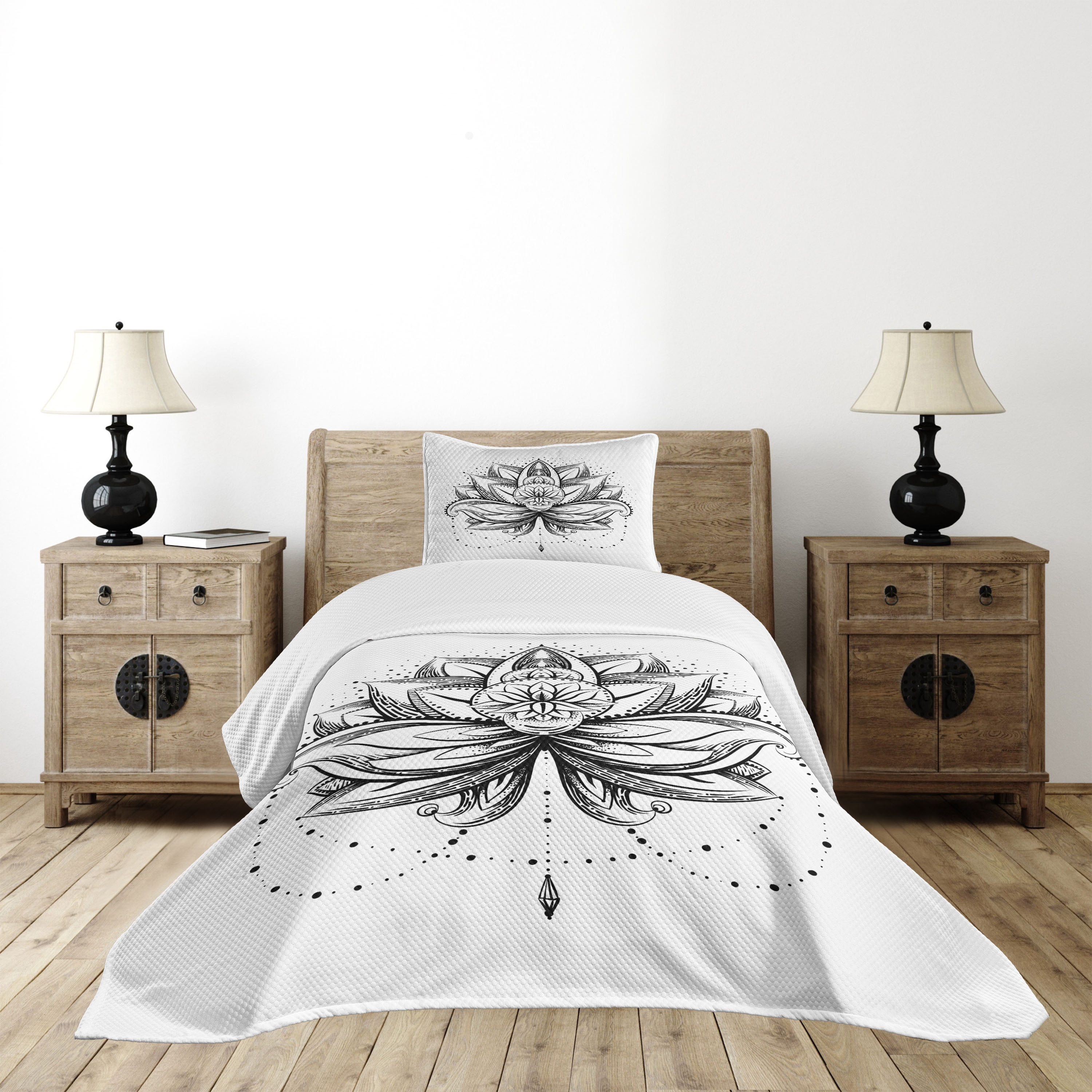 Ambesonne Leaf Quilted Bedspread Set 2 Pcs, Ornamental Lotus Sketch ...
