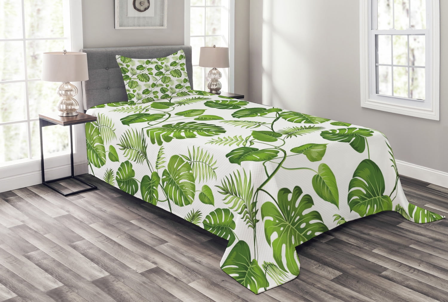 Ambesonne Leaf Quilted Bedspread Set 2 Pcs, Swirls Palm Banana Trees ...
