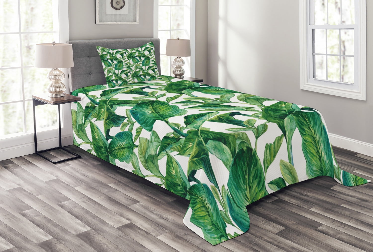 Ambesonne Leaf Quilted Bedspread Set 2 Pcs, Watercolored Banana Tree ...