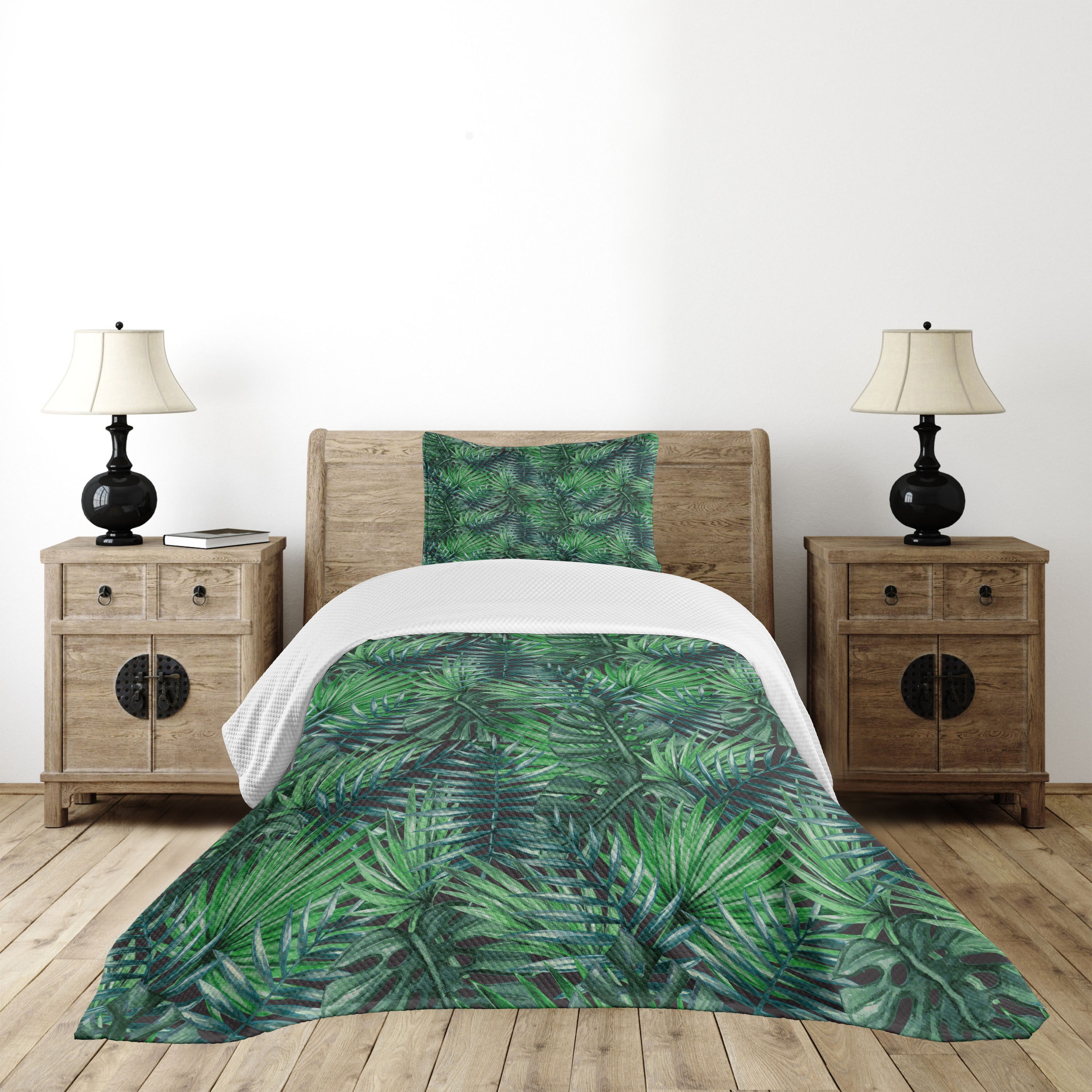 Ambesonne Leaf Quilted Bedspread Set 2 Pcs, Watercolored Forest Leaves ...