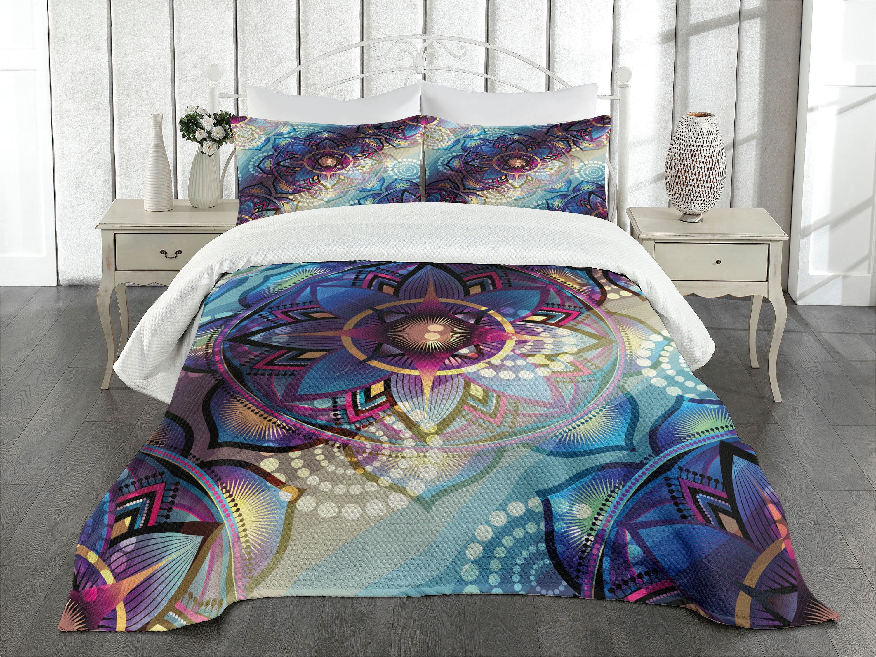 Ambesonne Leaf Quilted Bedspread Set 3 Pcs, Diagonal Gradient Lotus ...