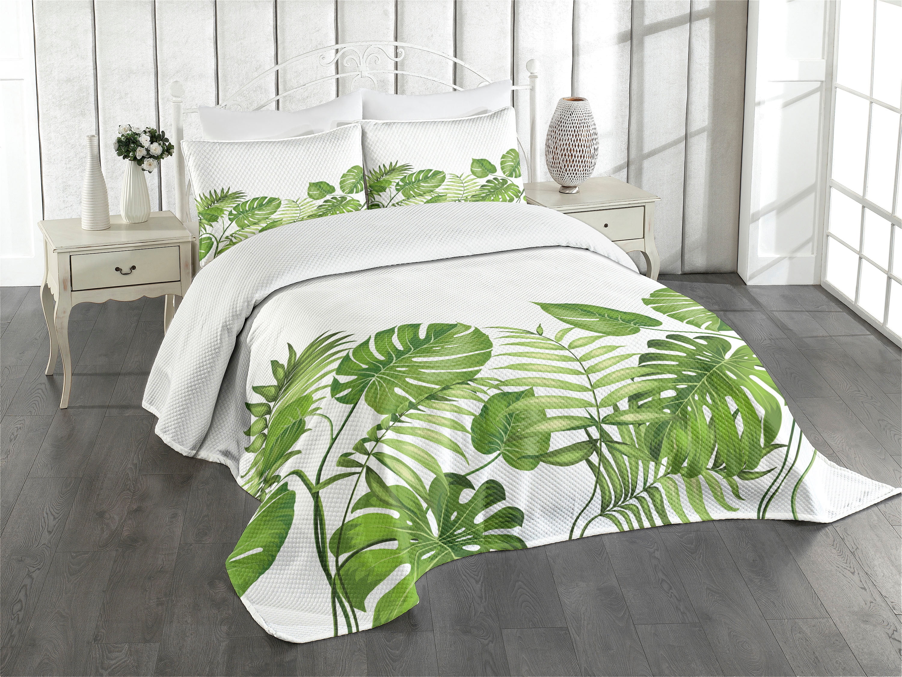 Ambesonne Leaf Quilted Bedspread Set 3 Pcs, Foliage Swirls Botanic ...