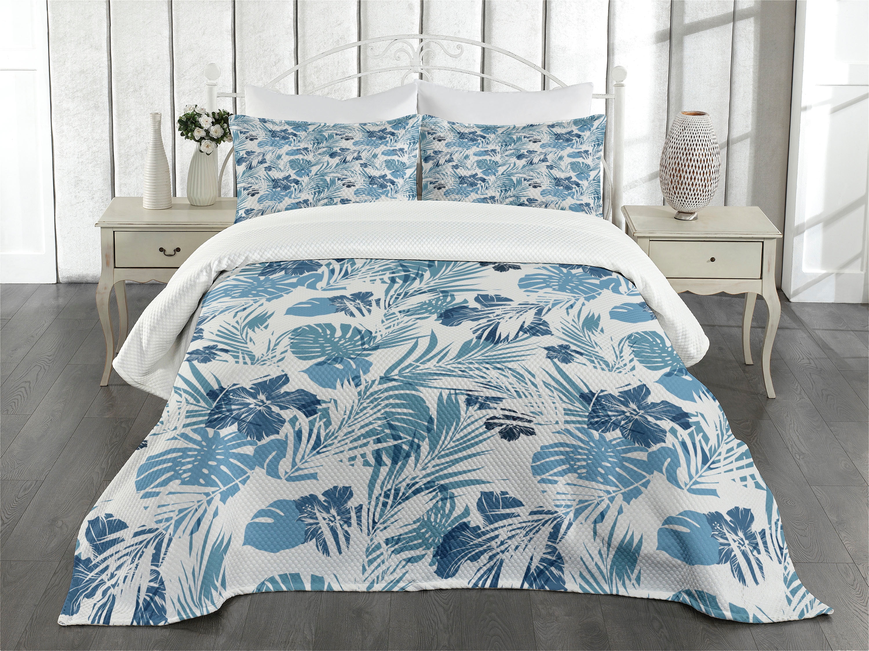 Ambesonne Leaf Quilted Bedspread Set 3 Pcs, Hawaiian Flowers Palm Tree ...