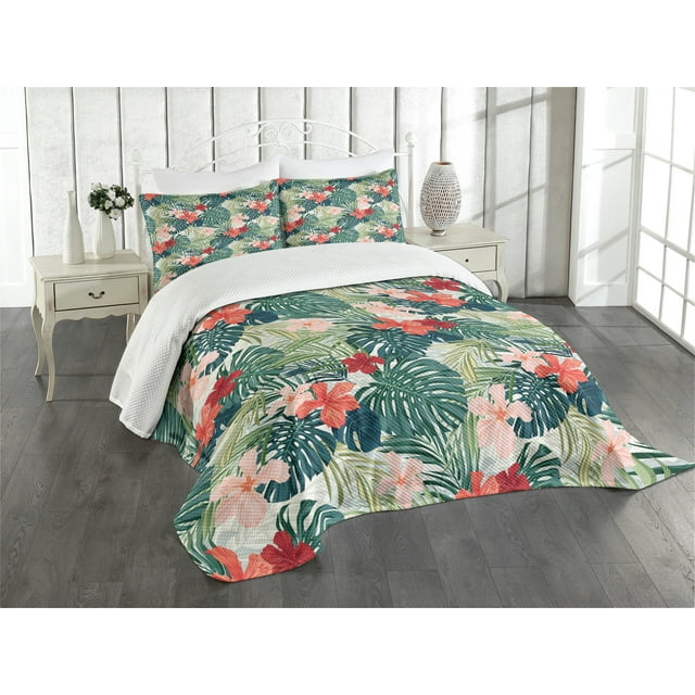 Ambesonne Leaf Quilted Bedspread Set 3 Pcs, Nature Crepe Ginger Flower, Queen Size, Dark Green ...