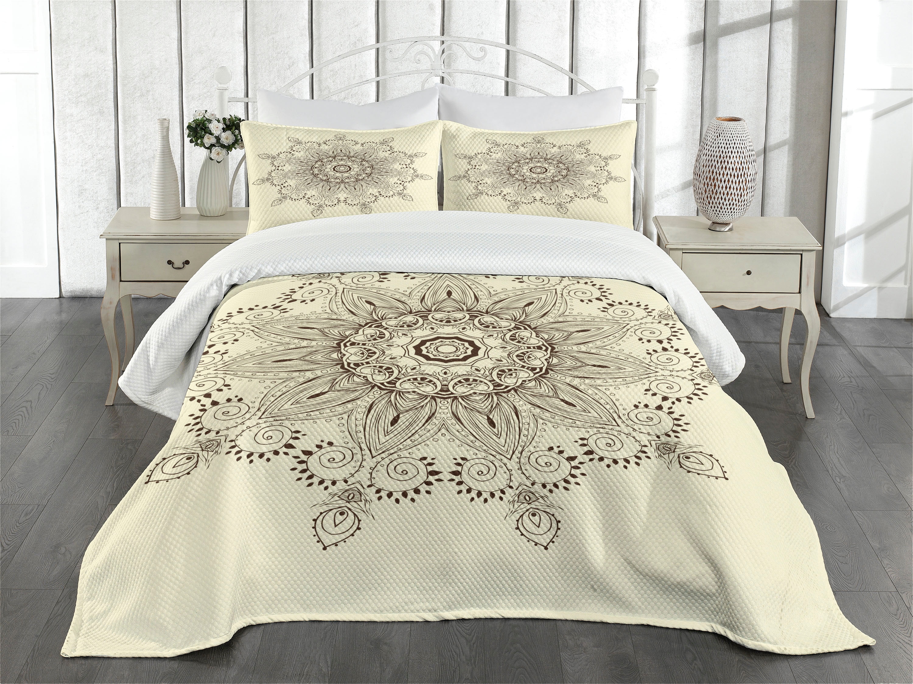 Ambesonne Leaf Quilted Bedspread Set 3 Pcs, Oriental Lace Motif Pattern ...