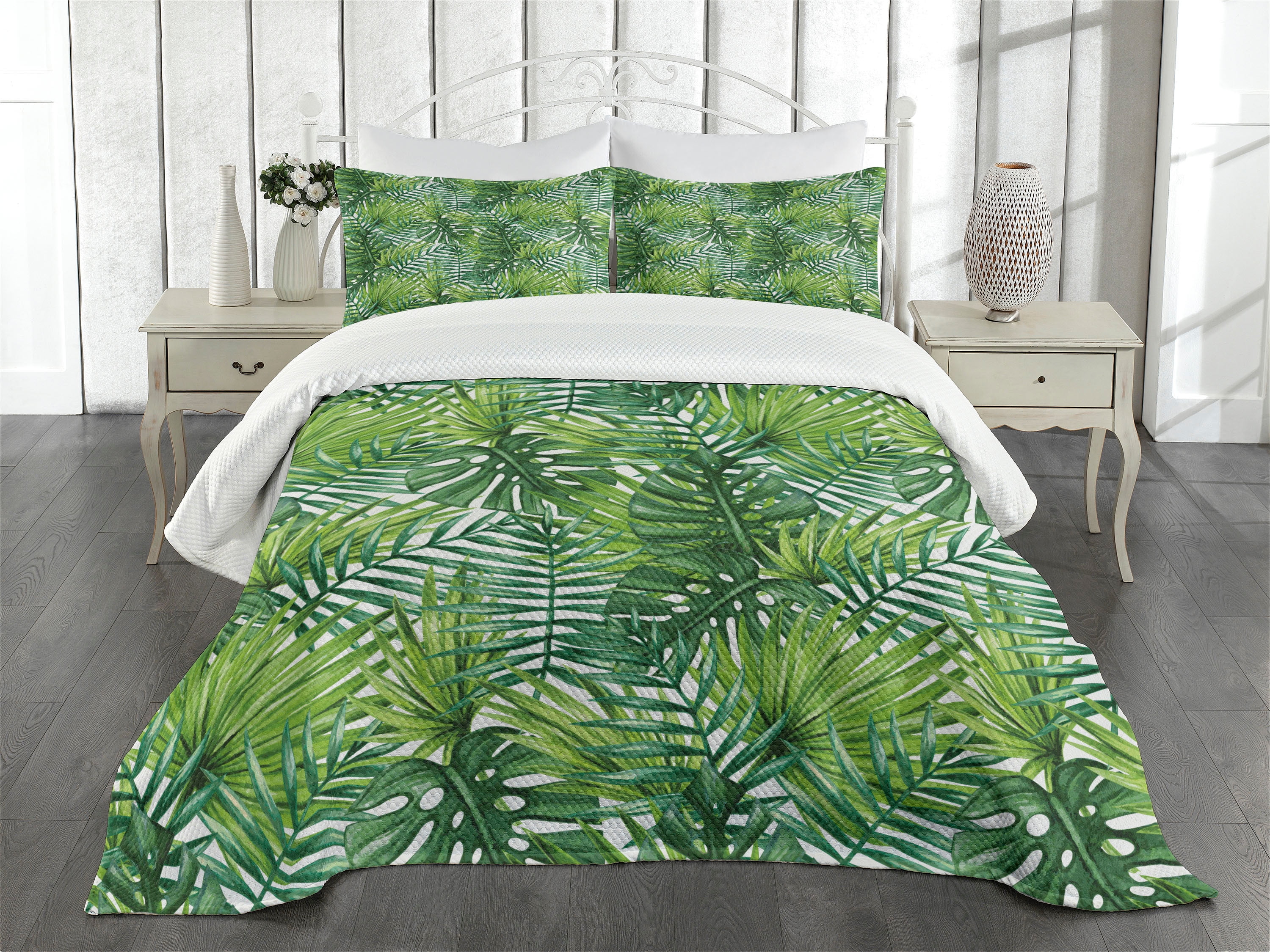 Ambesonne Leaf Quilted Bedspread Set 3 Pcs, Tree Leaves Watercolor ...