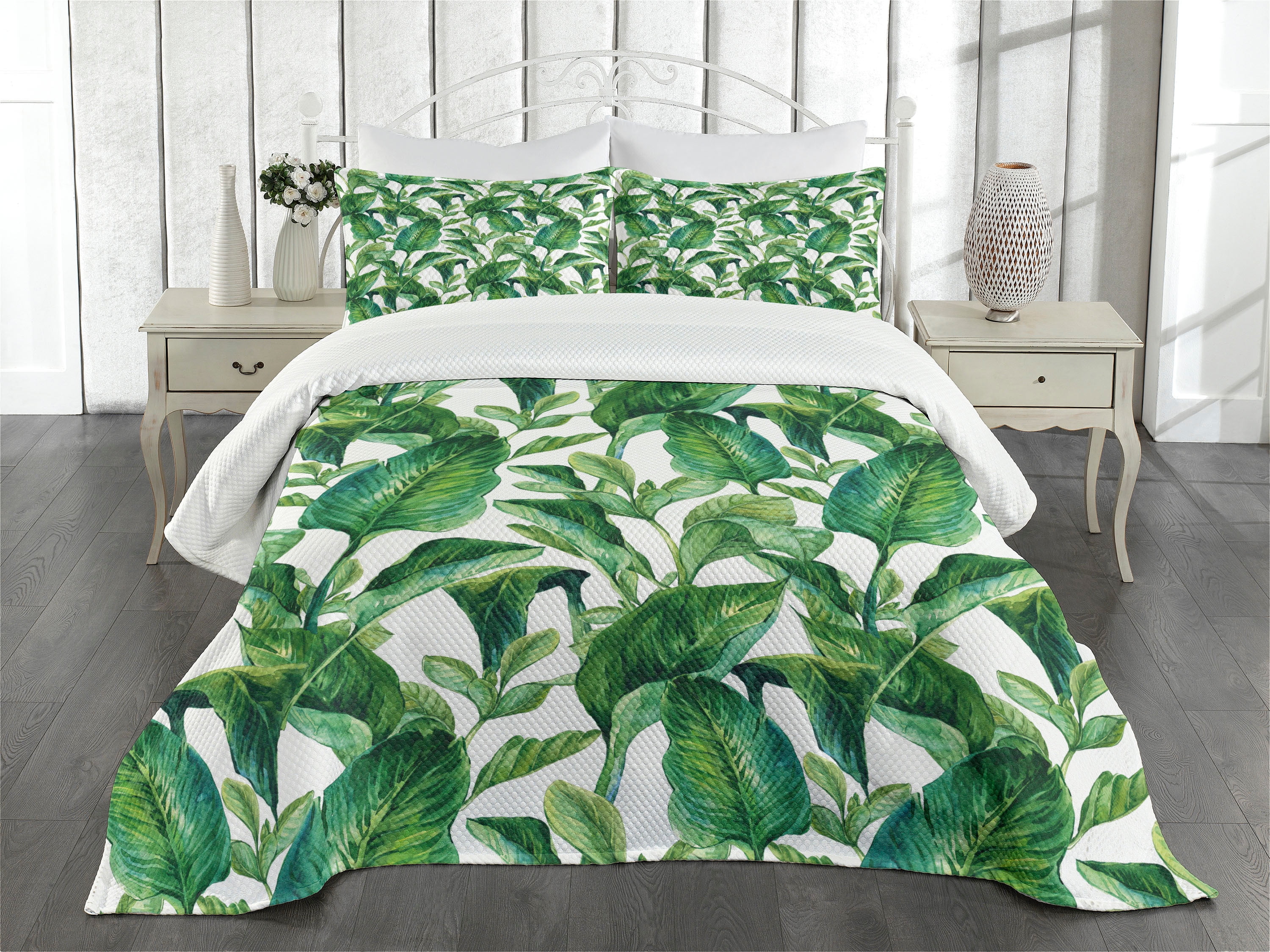 Ambesonne Leaf Quilted Bedspread Set 3 Pcs, Watercolored Banana Tree ...