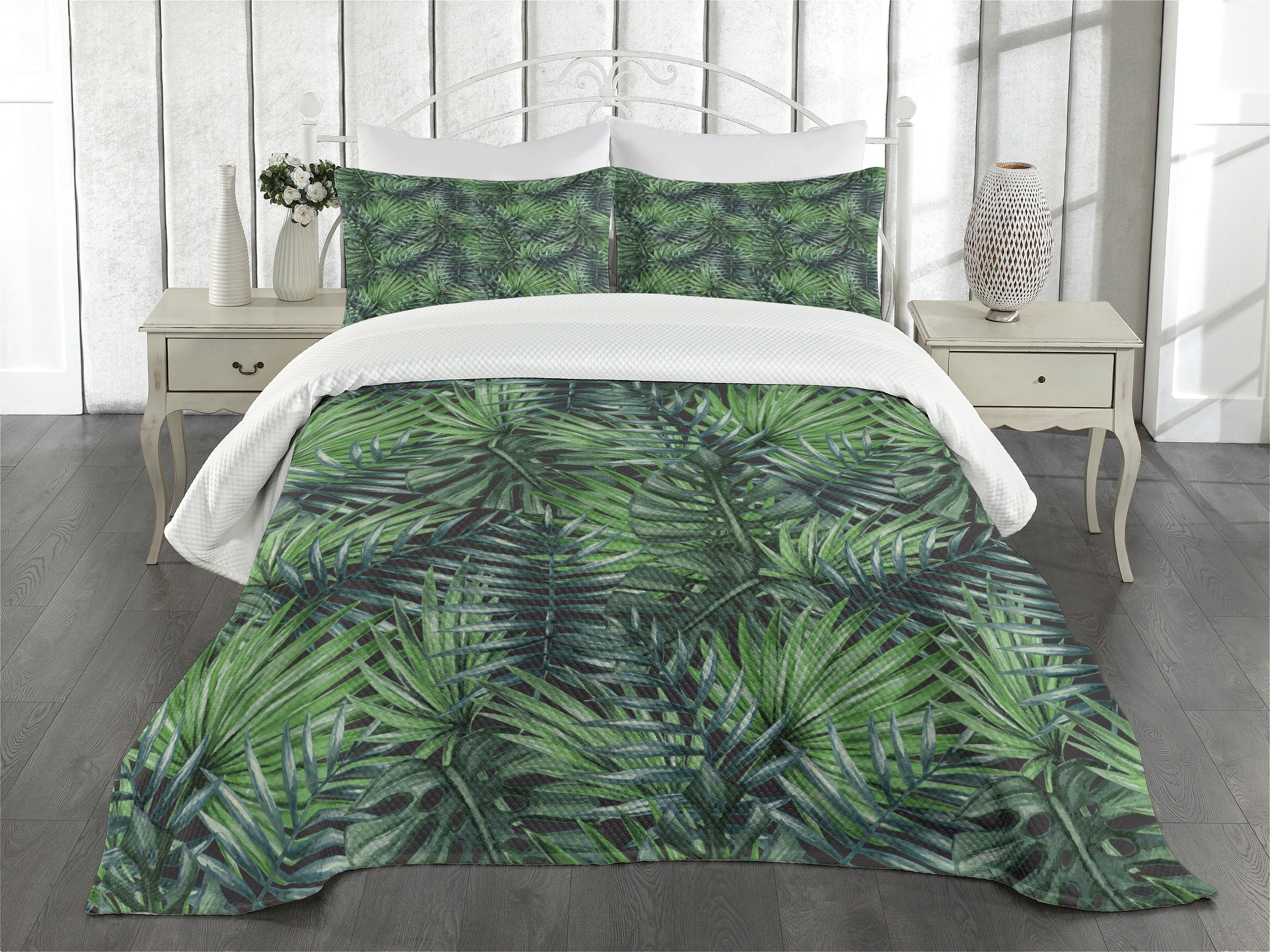 Ambesonne Leaf Quilted Bedspread Set 3 Pcs, Watercolored Forest Leaves ...