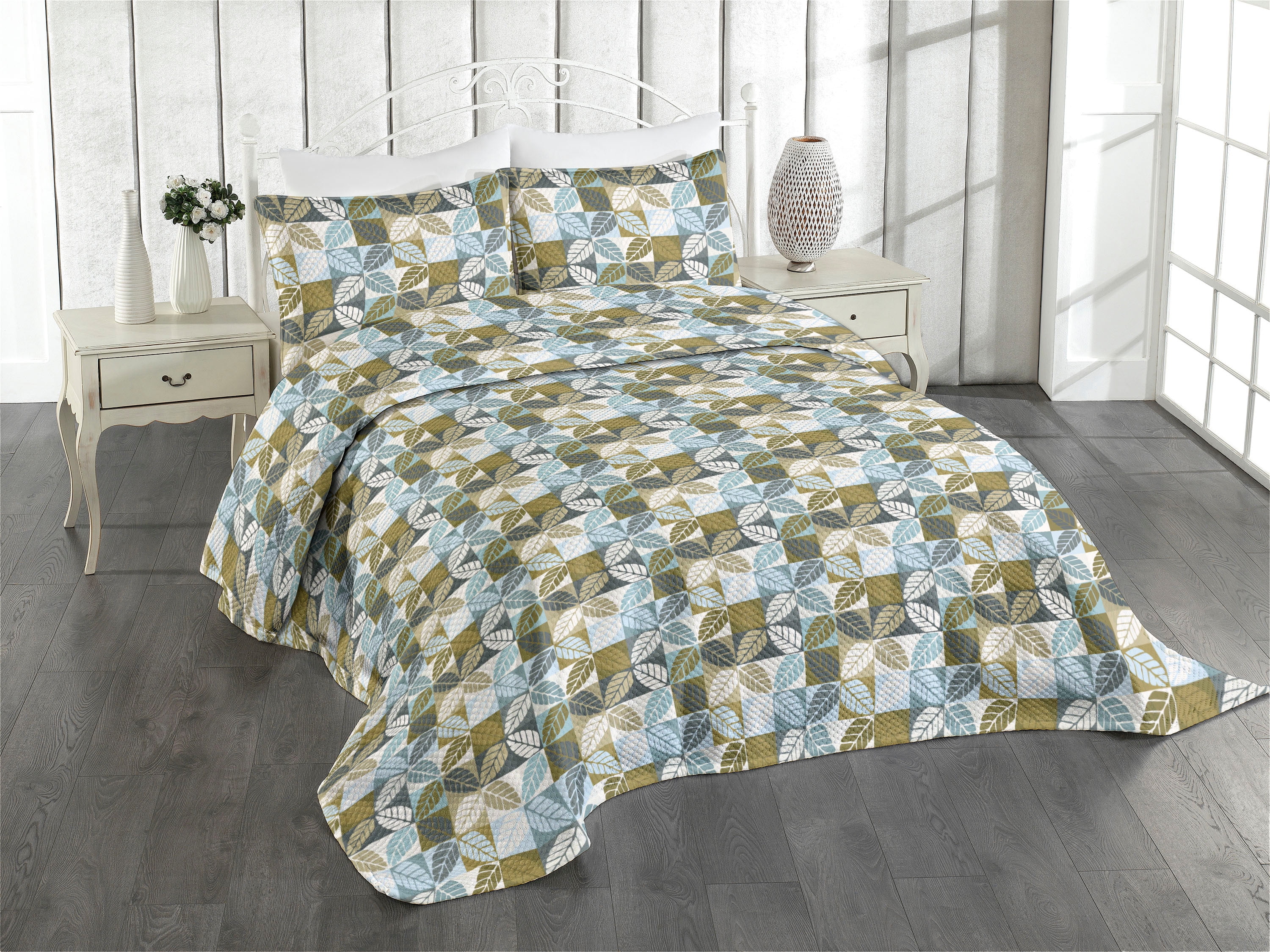 Ambesonne Leaf Quilted Coverlet 3 Pcs, Leaves Pattern Forest Tree Art ...