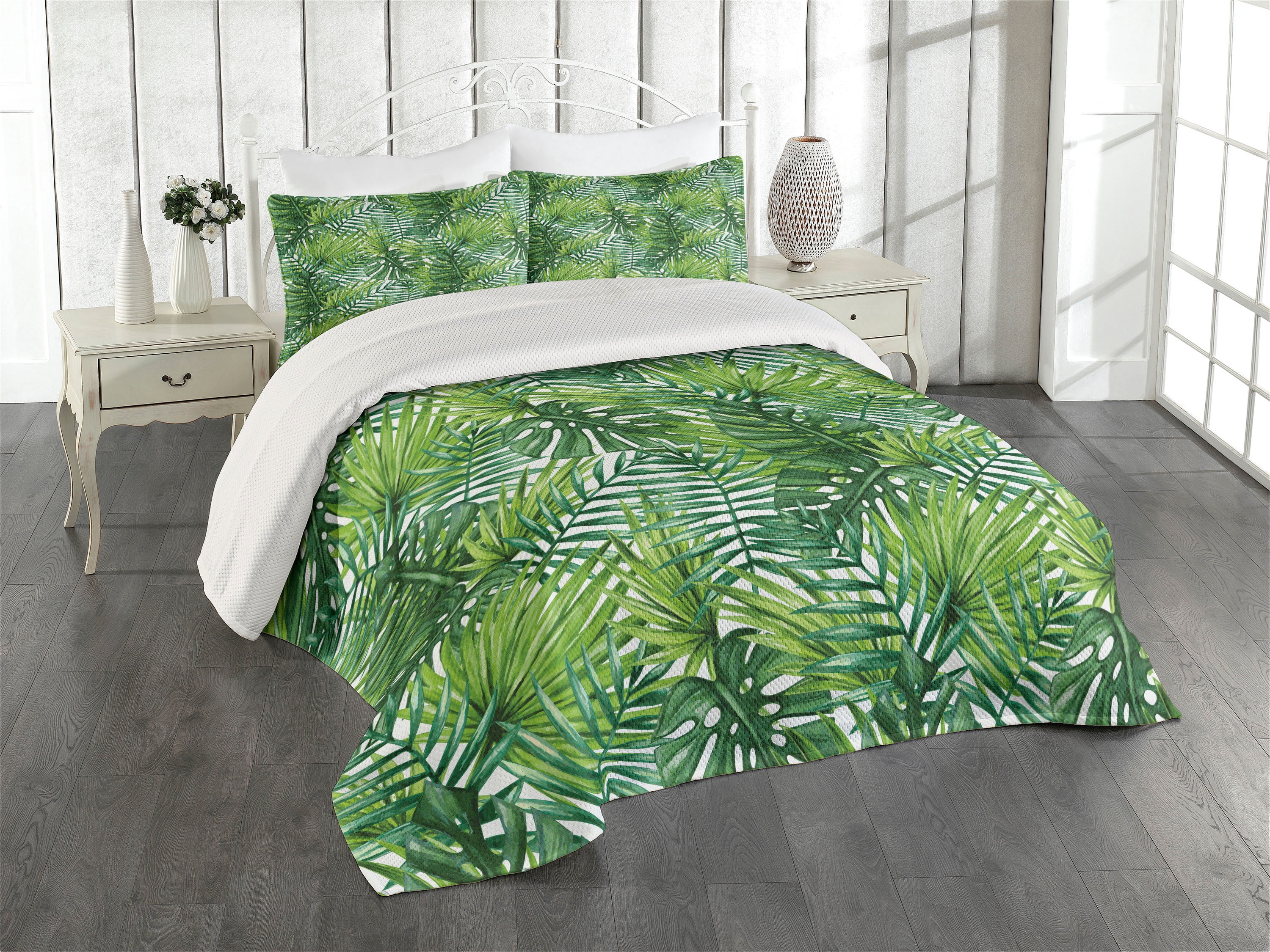 Ambesonne Leaf Quilted Coverlet 3 Pcs, Tree Leaves Watercolor, King ...