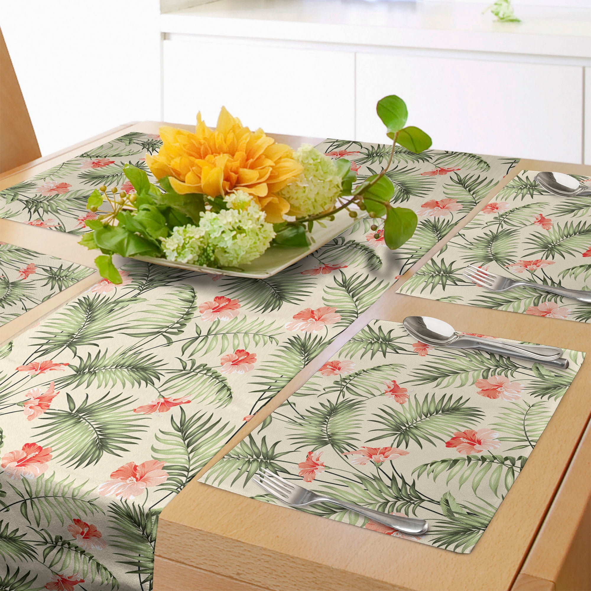 Ambesonne Leaf Table Runner & Placemats, Hawaiian Aloha Hibiscus ...