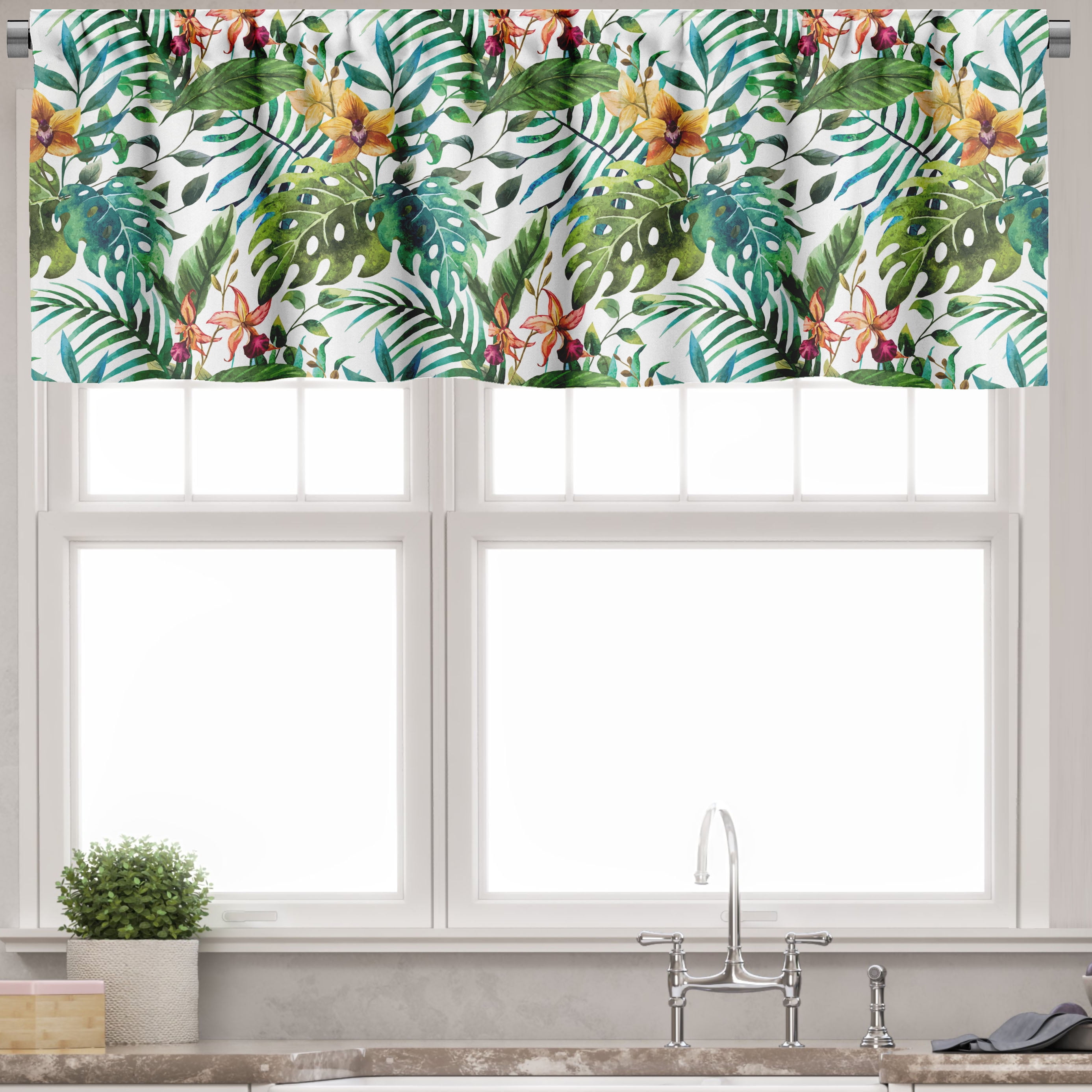 Ambesonne Leaf Window Valance, Palm Tree Flowers Hibiscus, 54" X 12 ...