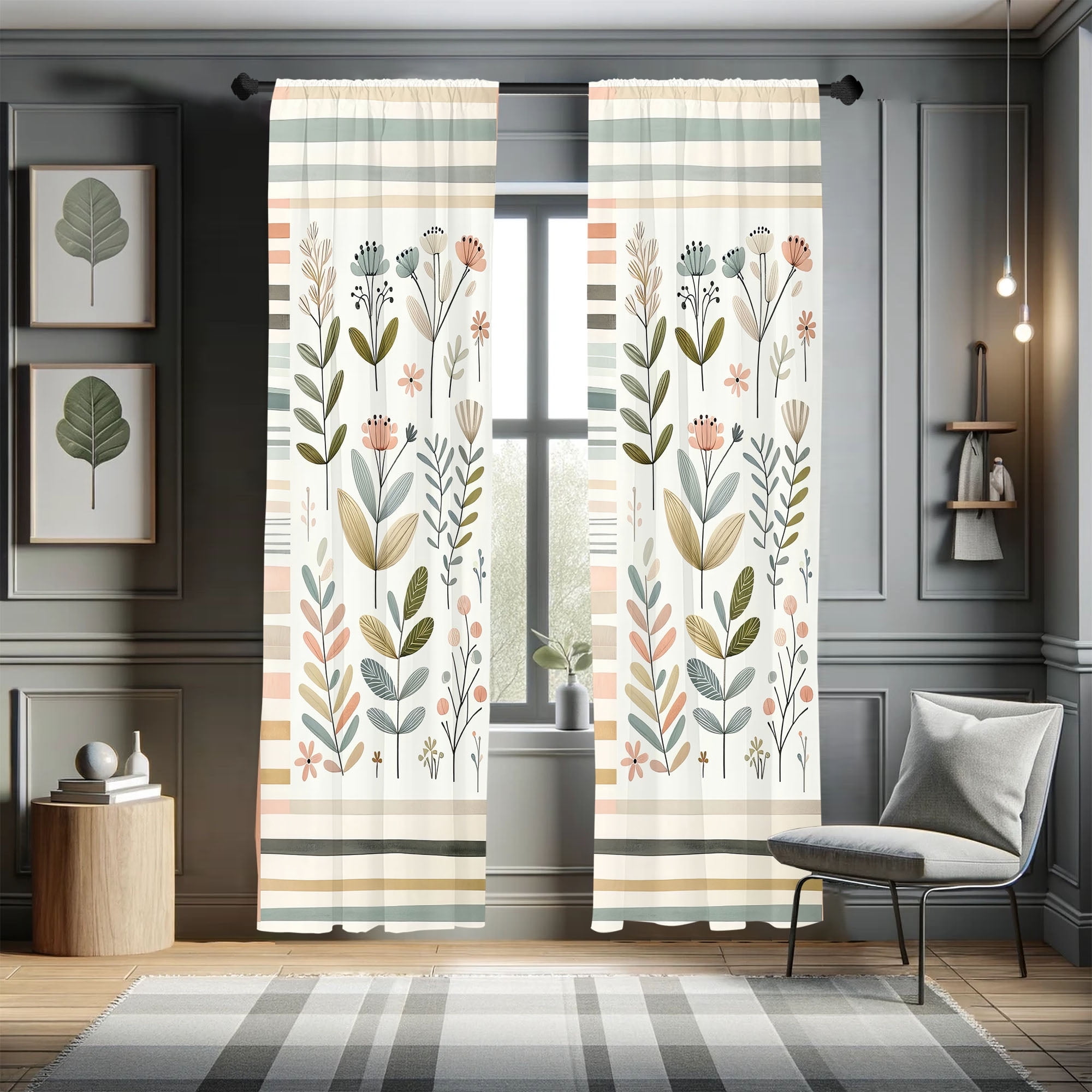 Ambesonne Leafy Art Curtains 2 Panel Set Flowers Scandi Leaves Pair