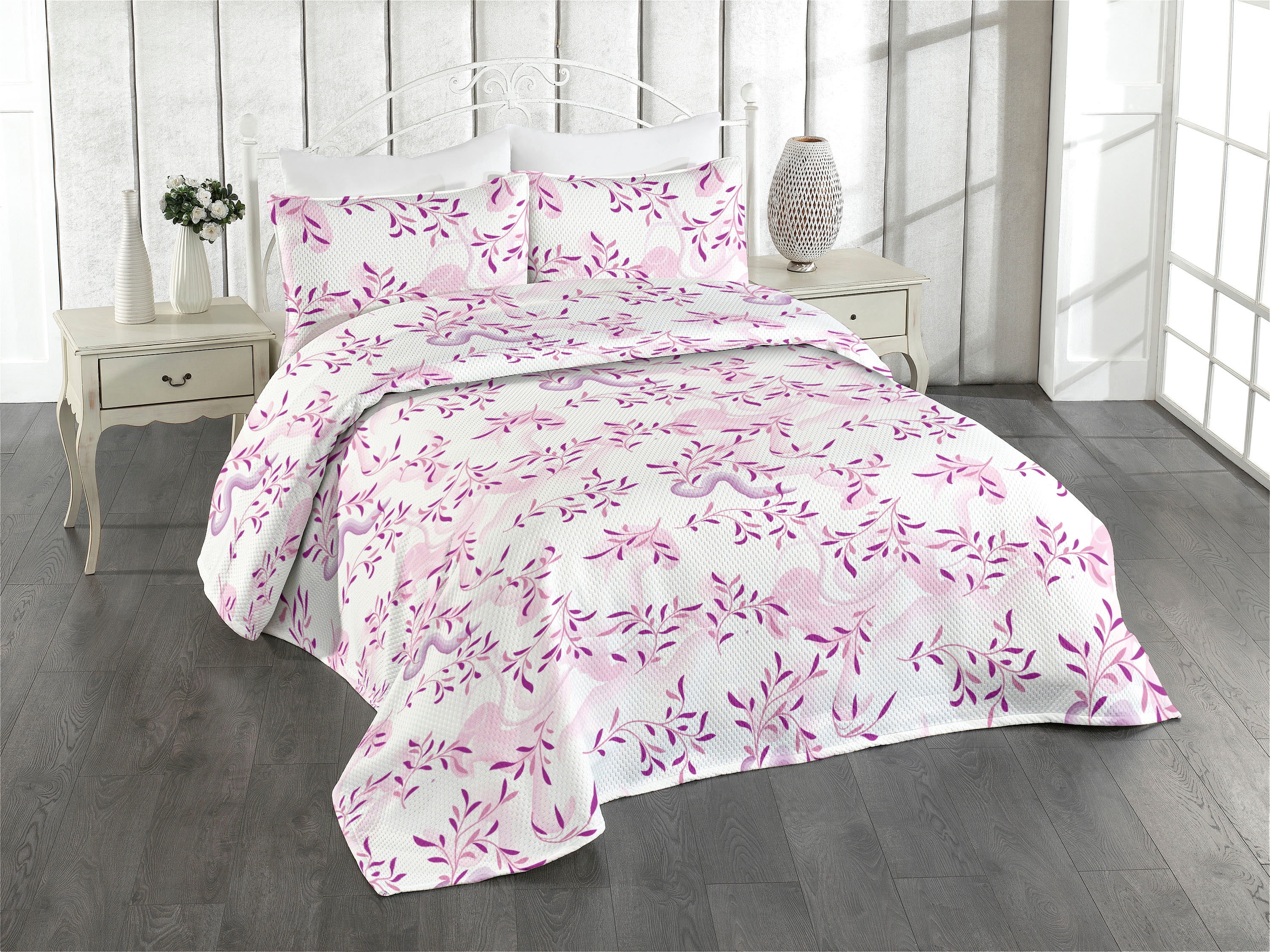 Ambesonne Leafy Design Quilted Bedspread Set 3 Pcs, Dreamy Tropical ...