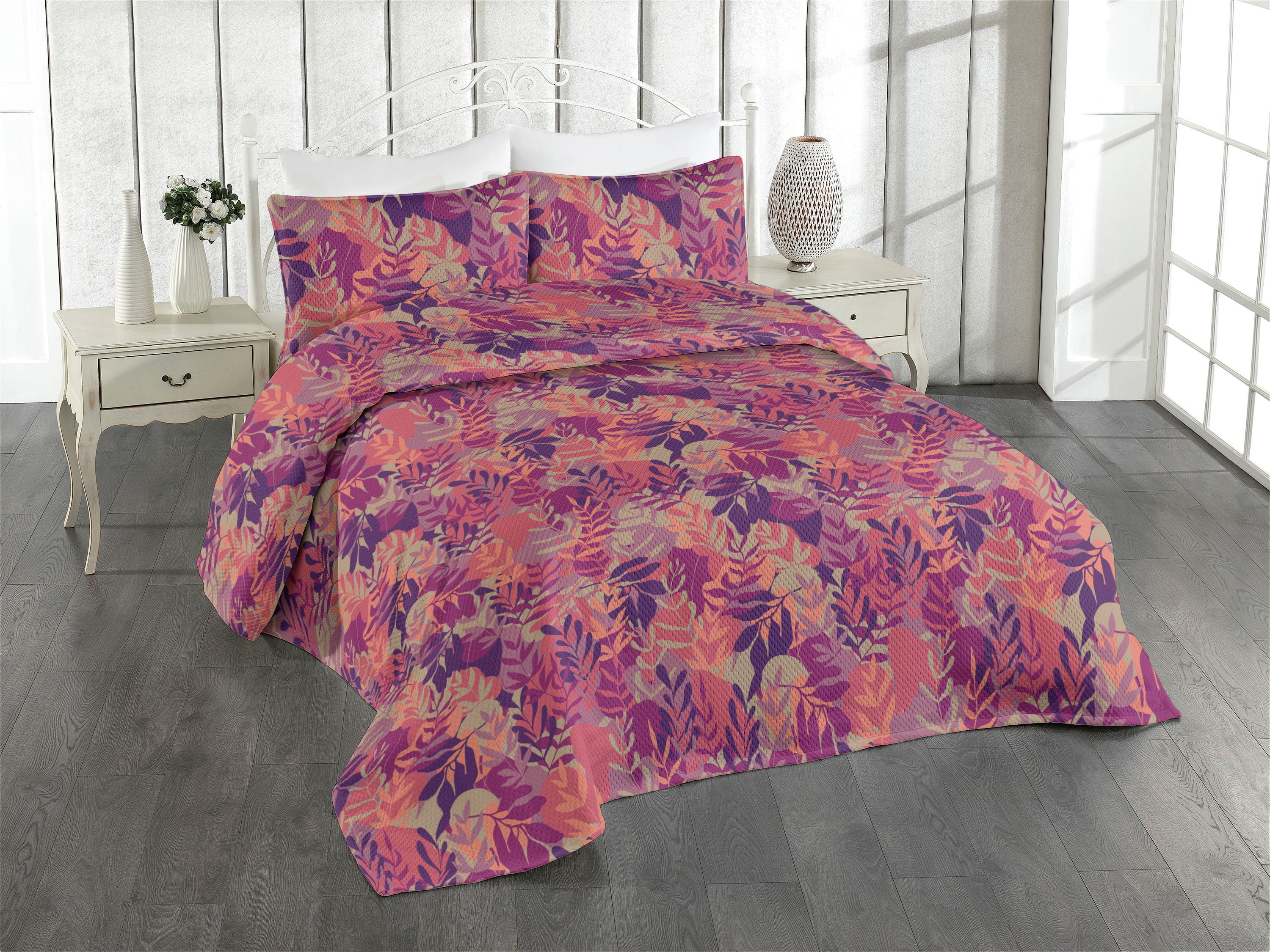 Ambesonne Leafy Design Quilted Bedspread Set 3 Pcs, Pop Art Colors ...