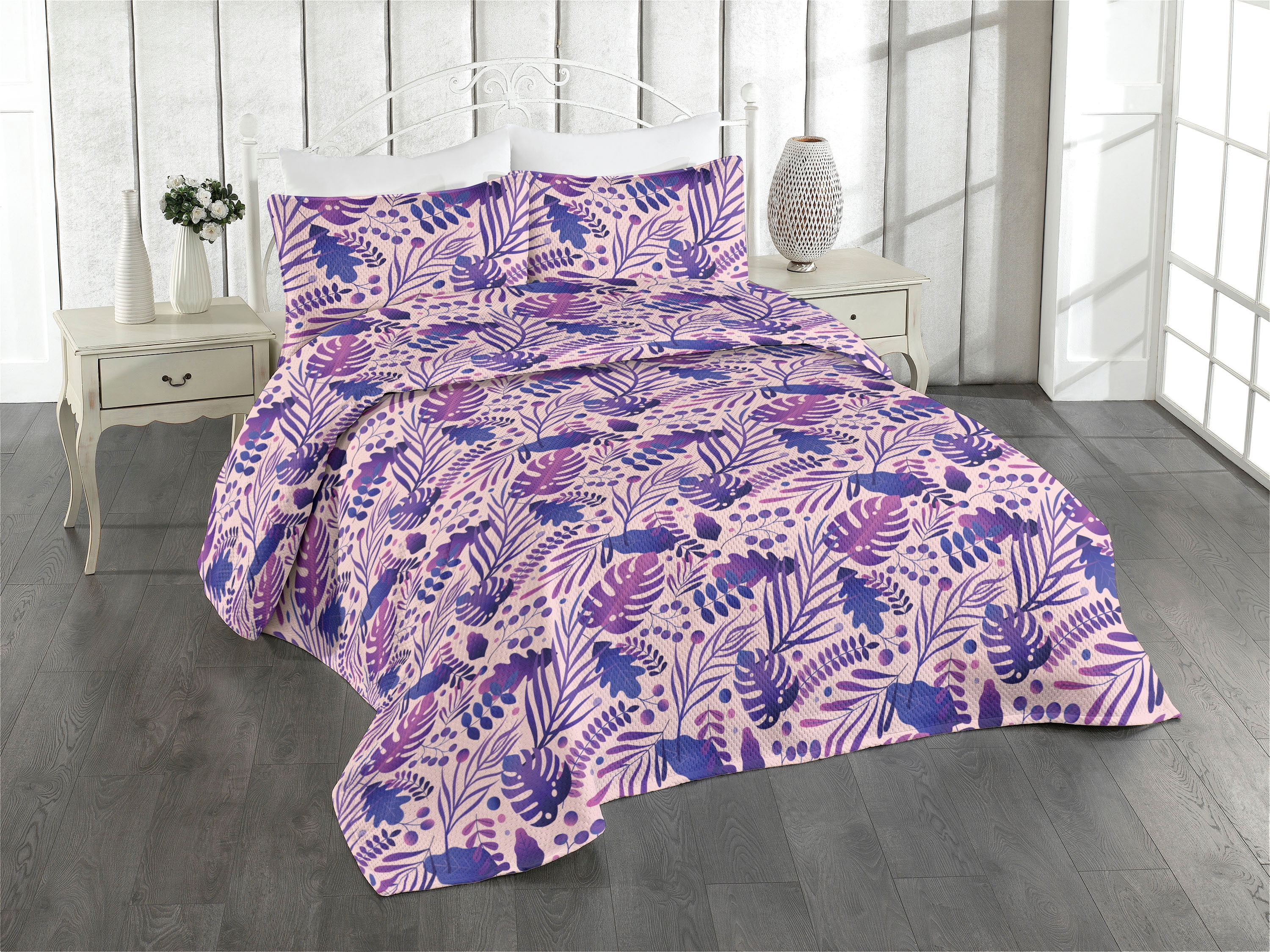 Ambesonne Leafy Design Quilted Bedspread Set 3 Pcs, Purplish Tone ...