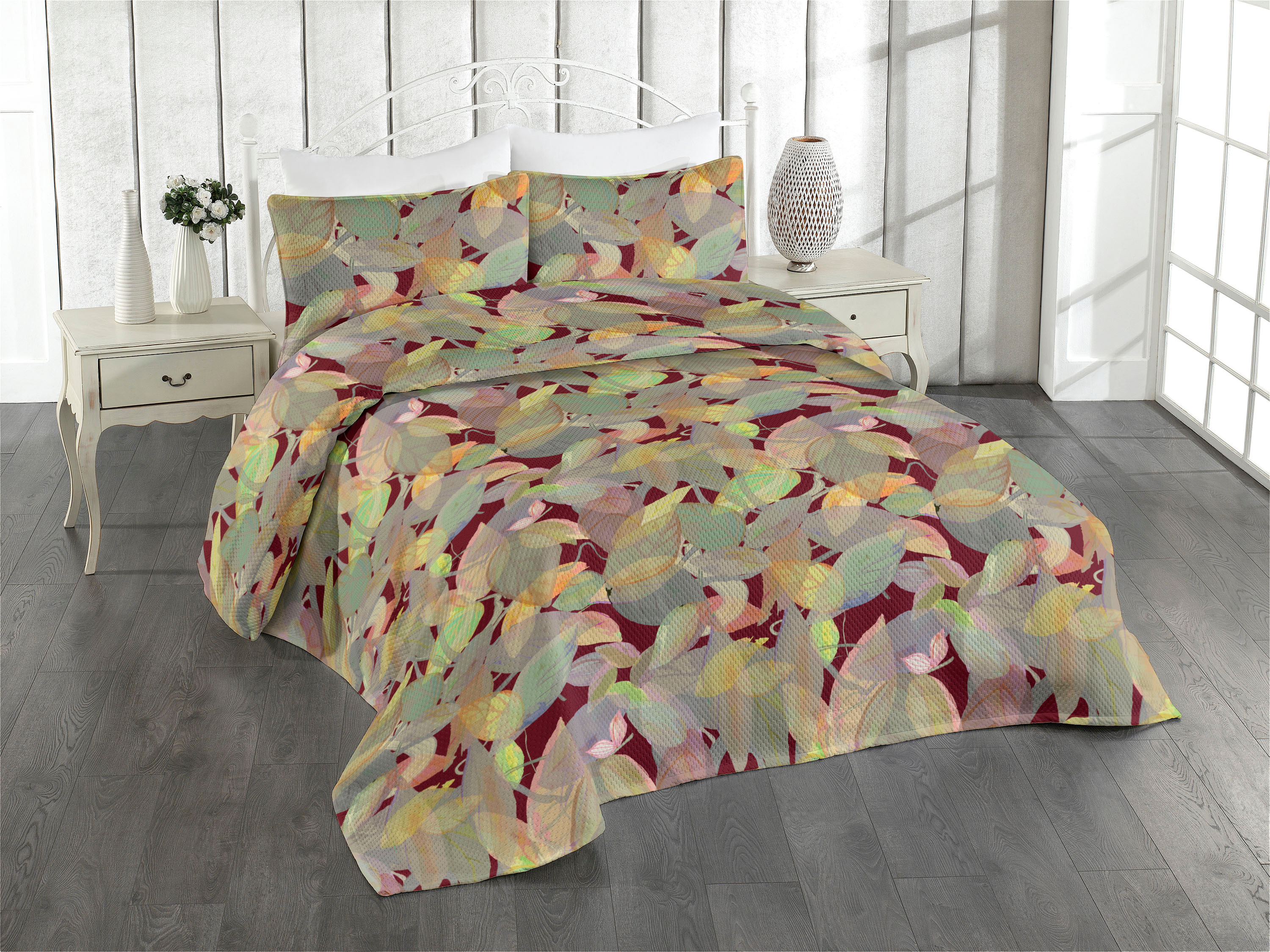 Ambesonne Leafy Design Quilted Bedspread Set 3 Pcs, Tropical Leaves ...