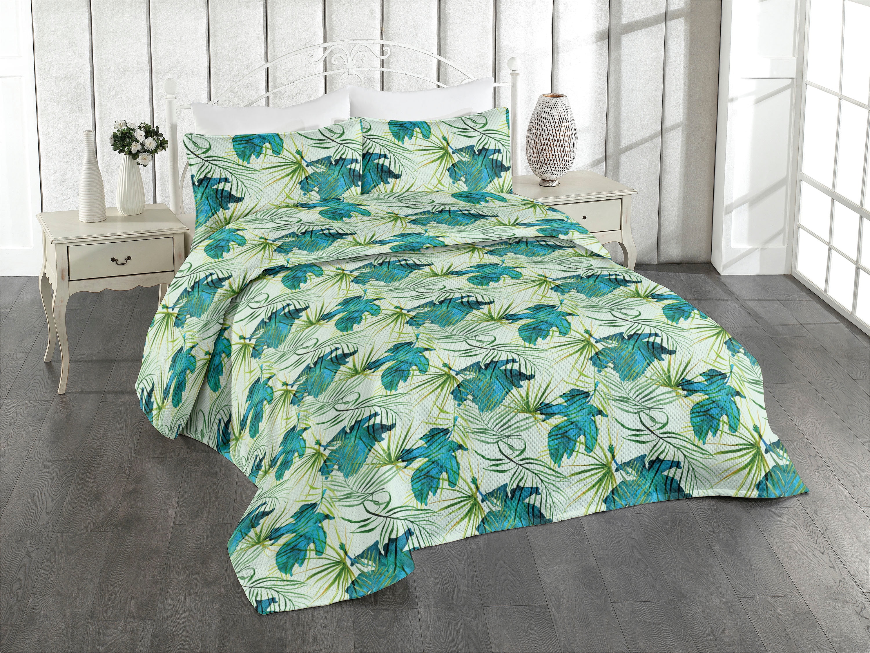 Ambesonne Leafy Pattern Quilted Bedspread Set 3 Pcs, Tropical Leaves ...