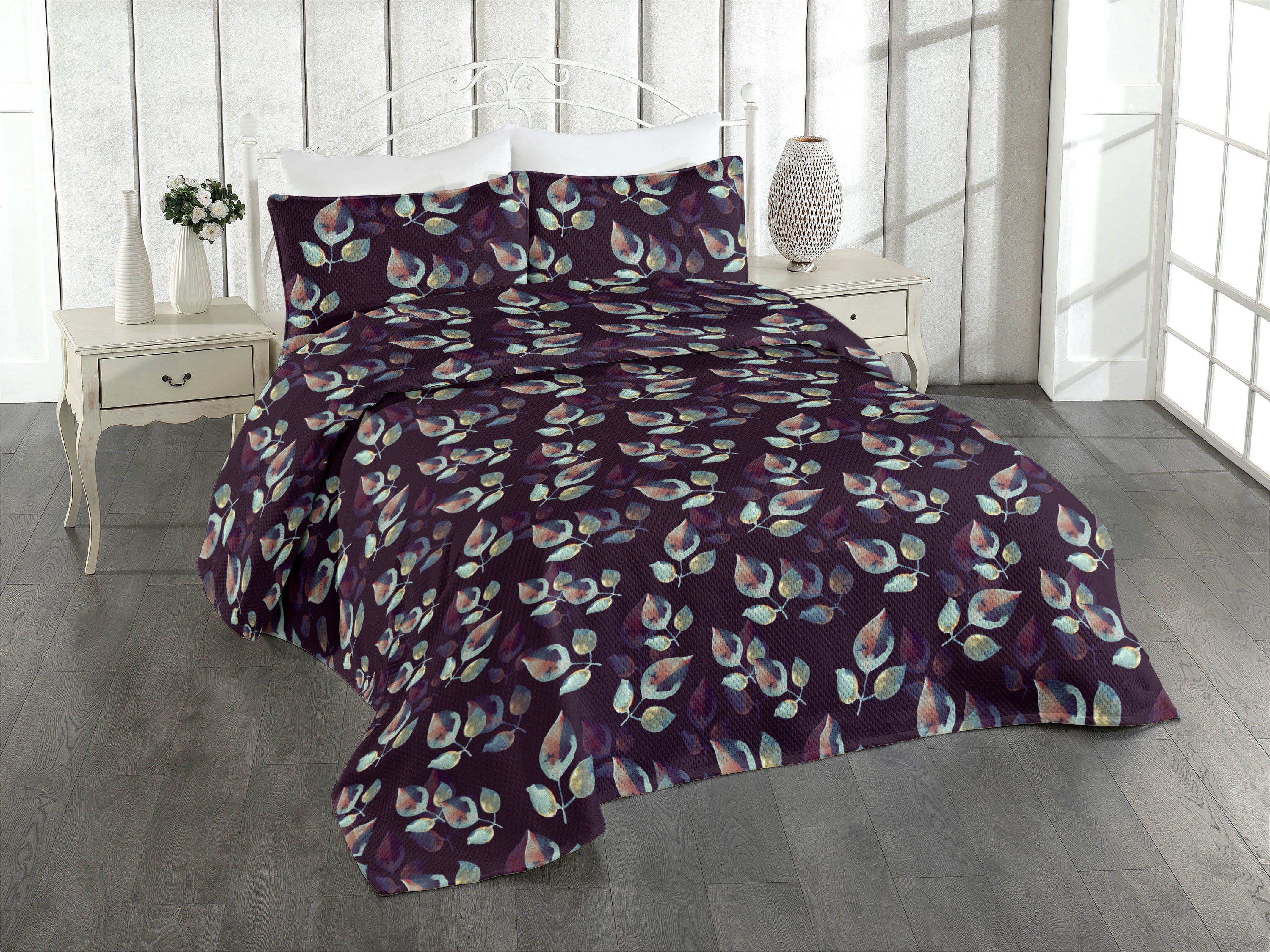 Ambesonne Leafy Pattern Quilted Bedspread Set 3 Pcs, Watercolor Leaves ...