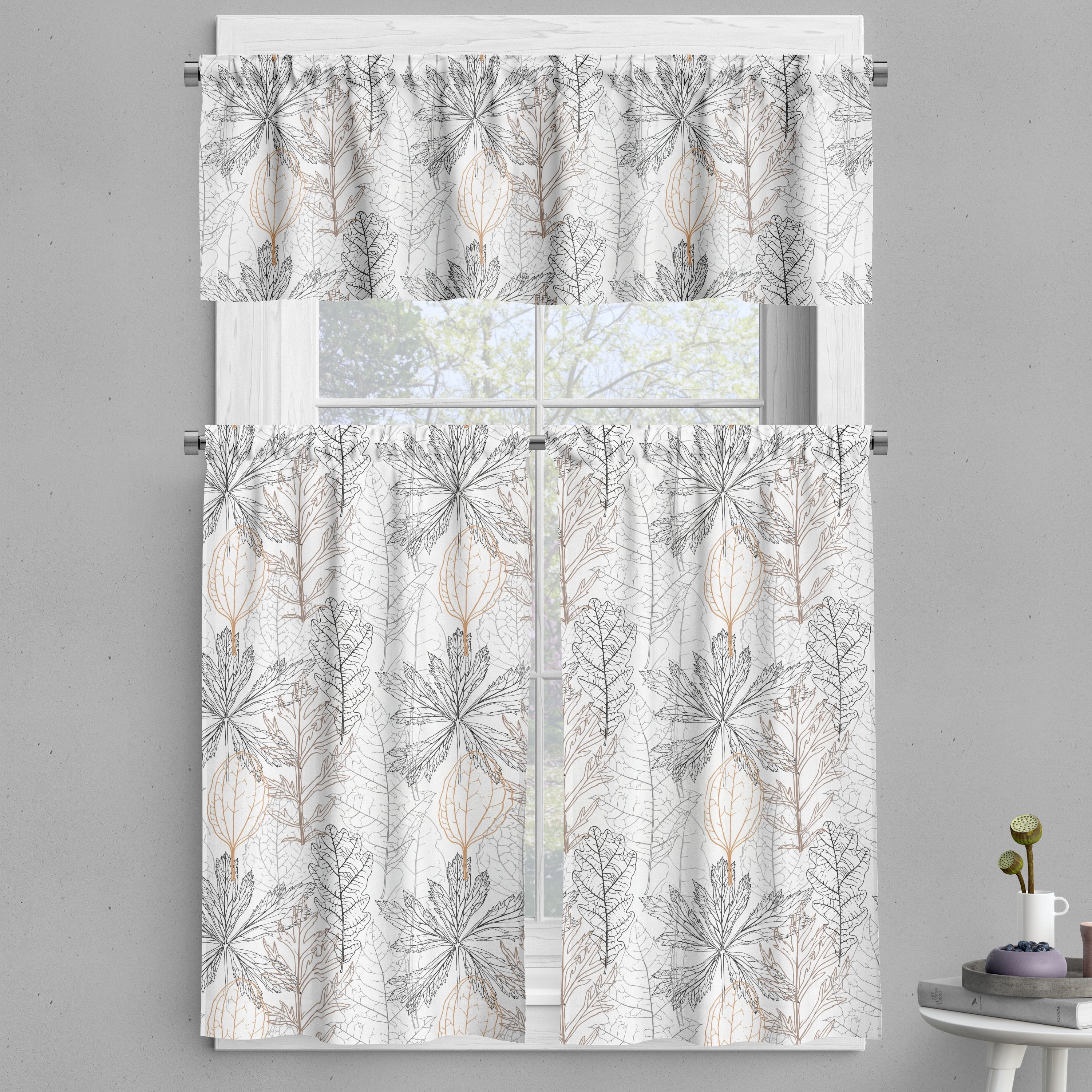 Ambesonne Leafy Valance & Curtain, Minimal Tone Outline Leaves, 55"x24 ...