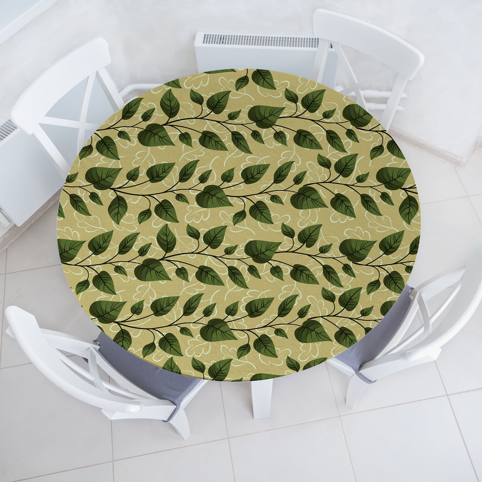 Ambesonne Leaves Greenery Fitted Round Tablecloth, Horizontal Leaf Art ...