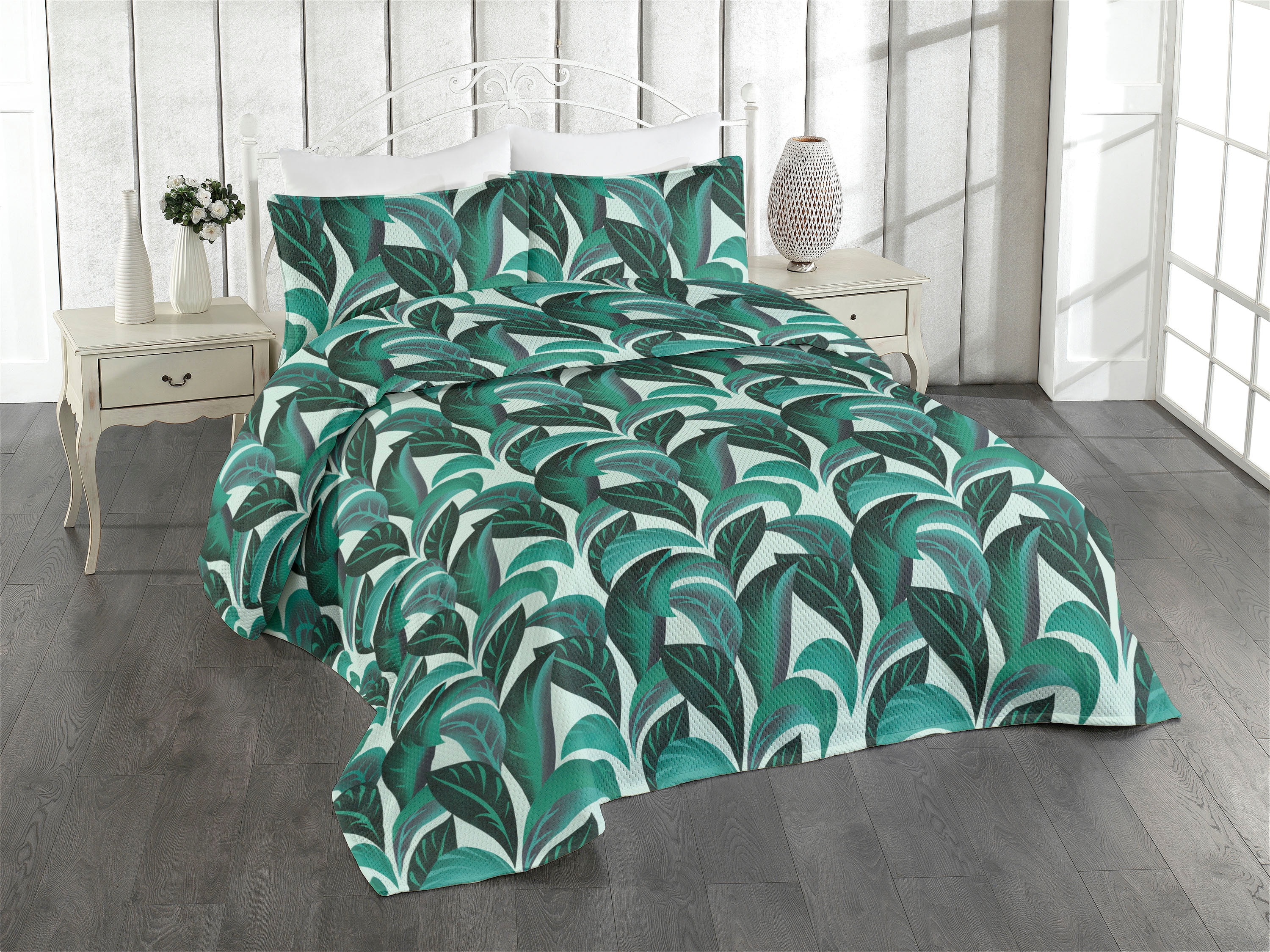 Ambesonne Leaves Greenery Quilted Bedspread Set 3 Pcs, Botanical Jungle ...