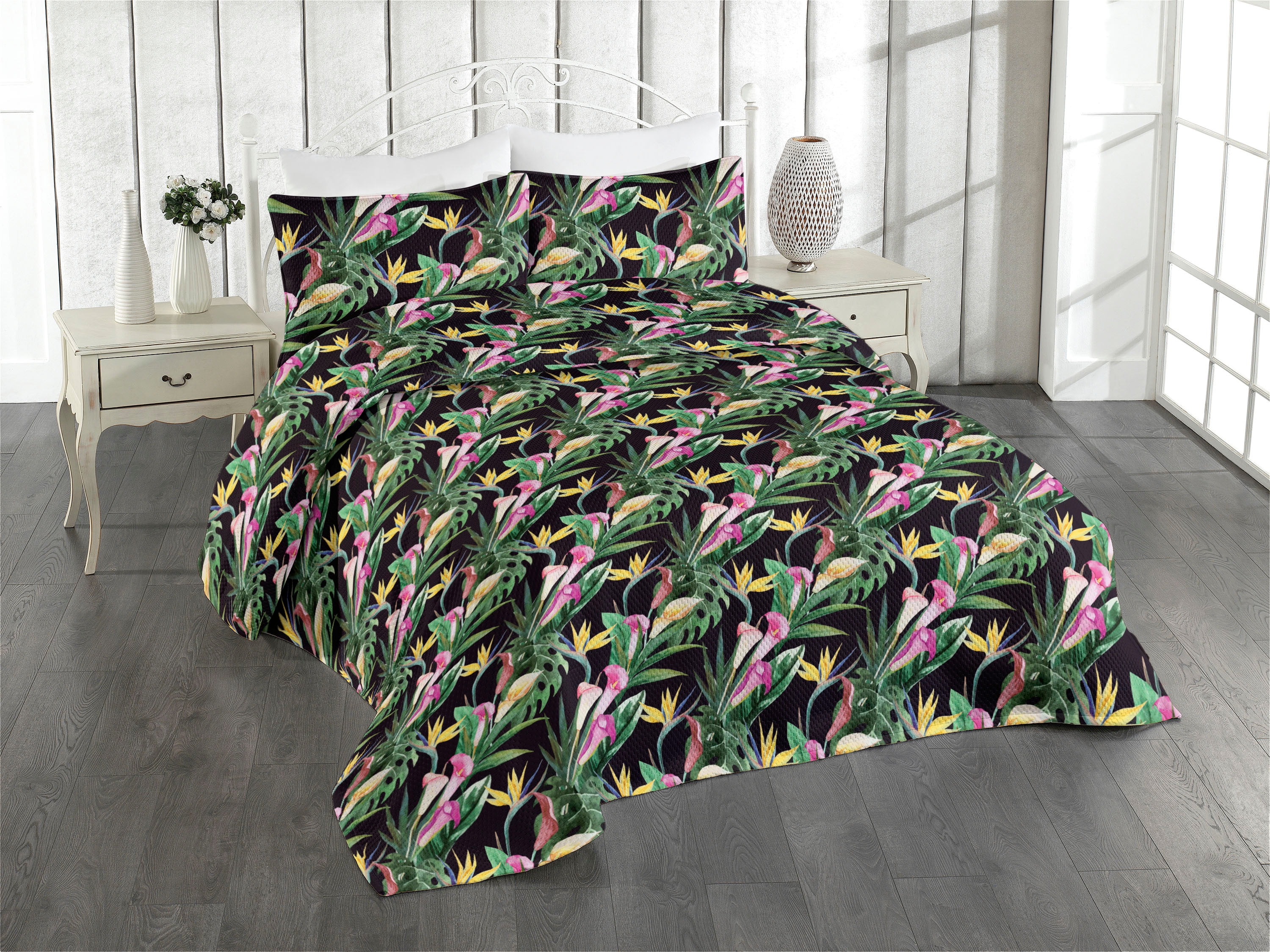 Ambesonne Leaves Greenery Quilted Bedspread Set 3 Pcs, Dreamy Tropical ...