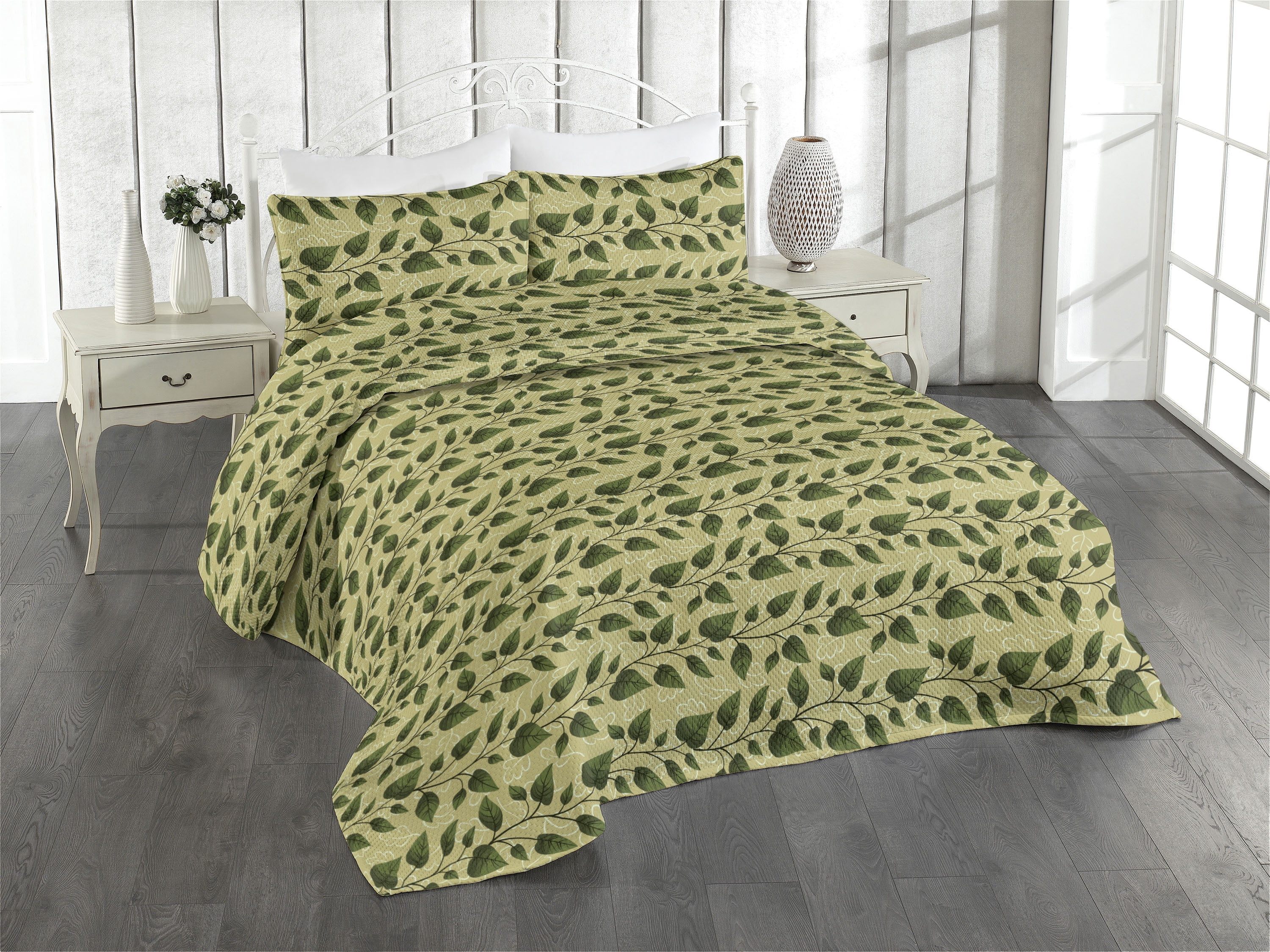 Ambesonne Leaves Greenery Quilted Bedspread Set 3 Pcs, Horizontal Leaf ...