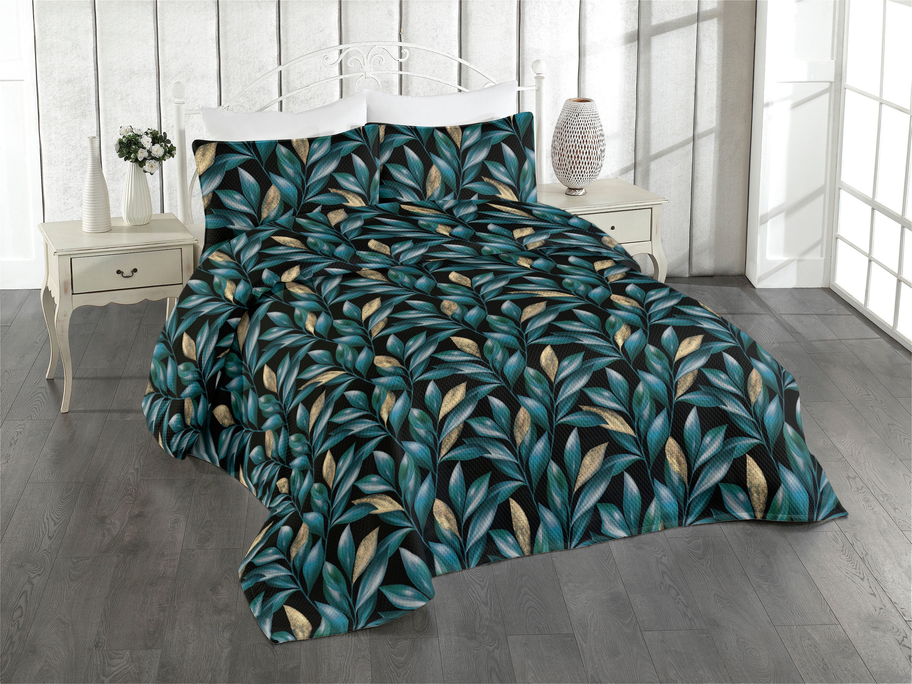Ambesonne Leaves Greenery Quilted Bedspread Set 3 Pcs, Leafy Night ...