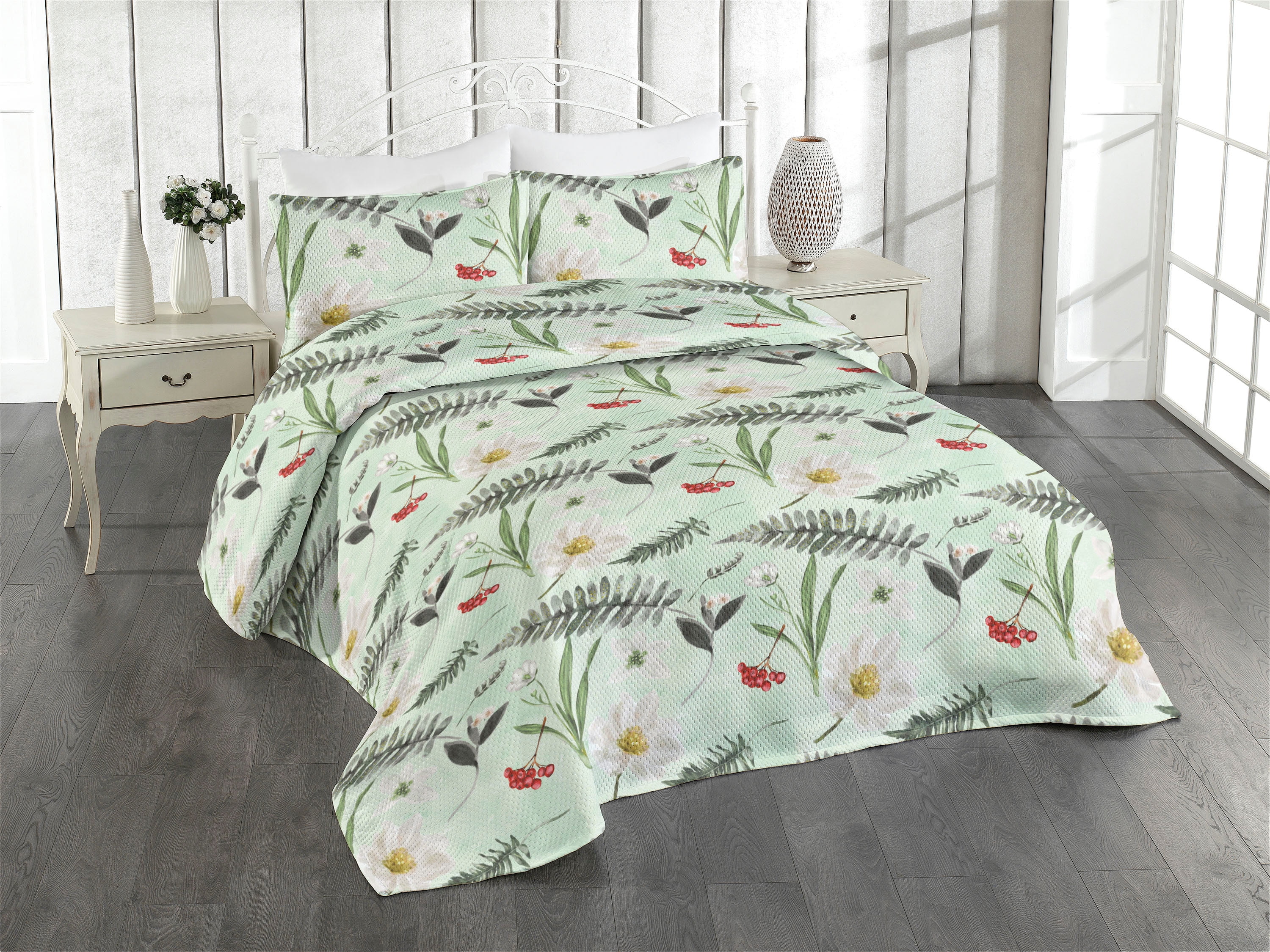 Ambesonne Leaves Greenery Quilted Bedspread Set 3 Pcs, Meadow Leafy Art ...