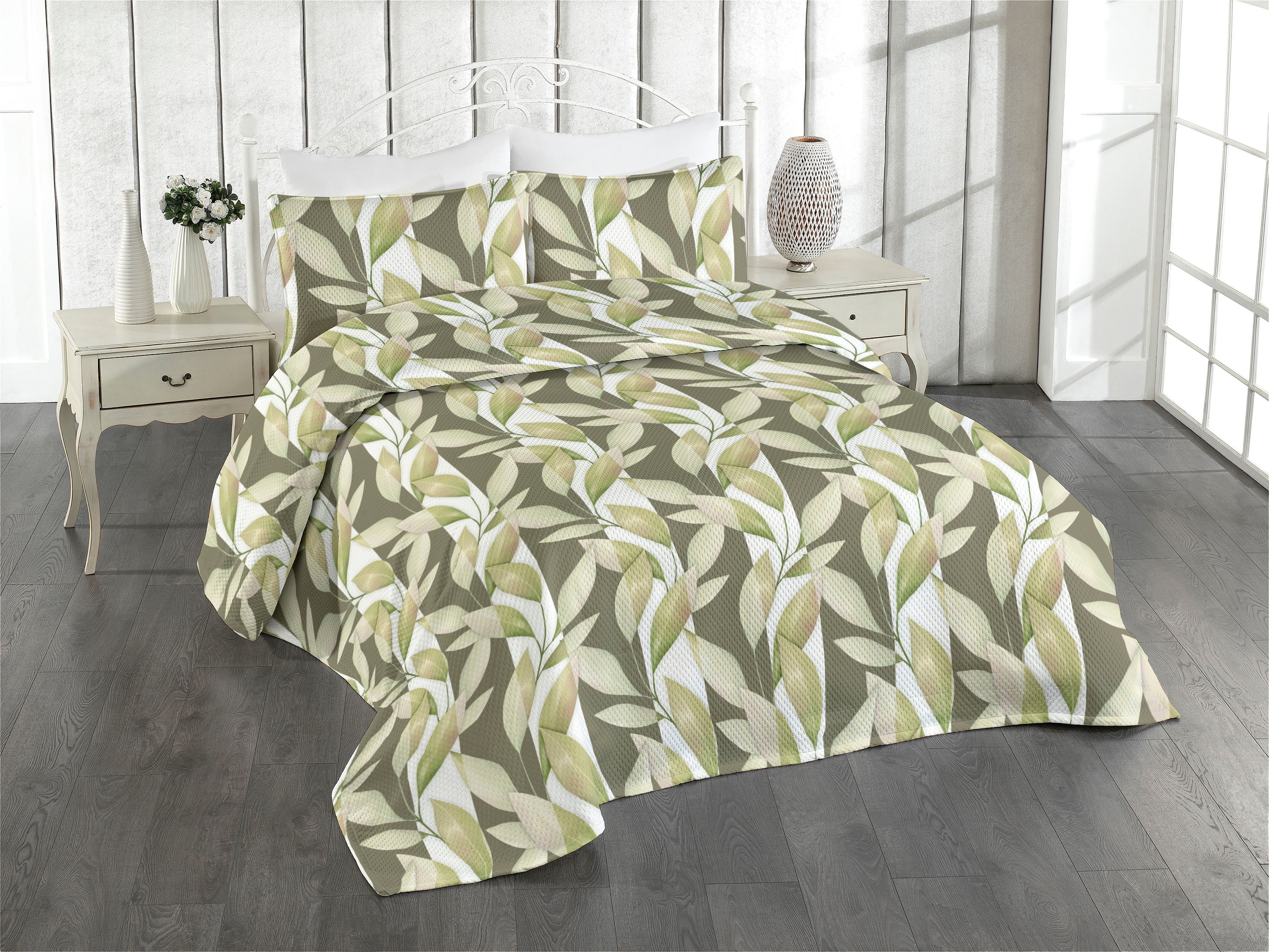 Ambesonne Leaves Greenery Quilted Bedspread Set 3 Pcs, Modern Design ...