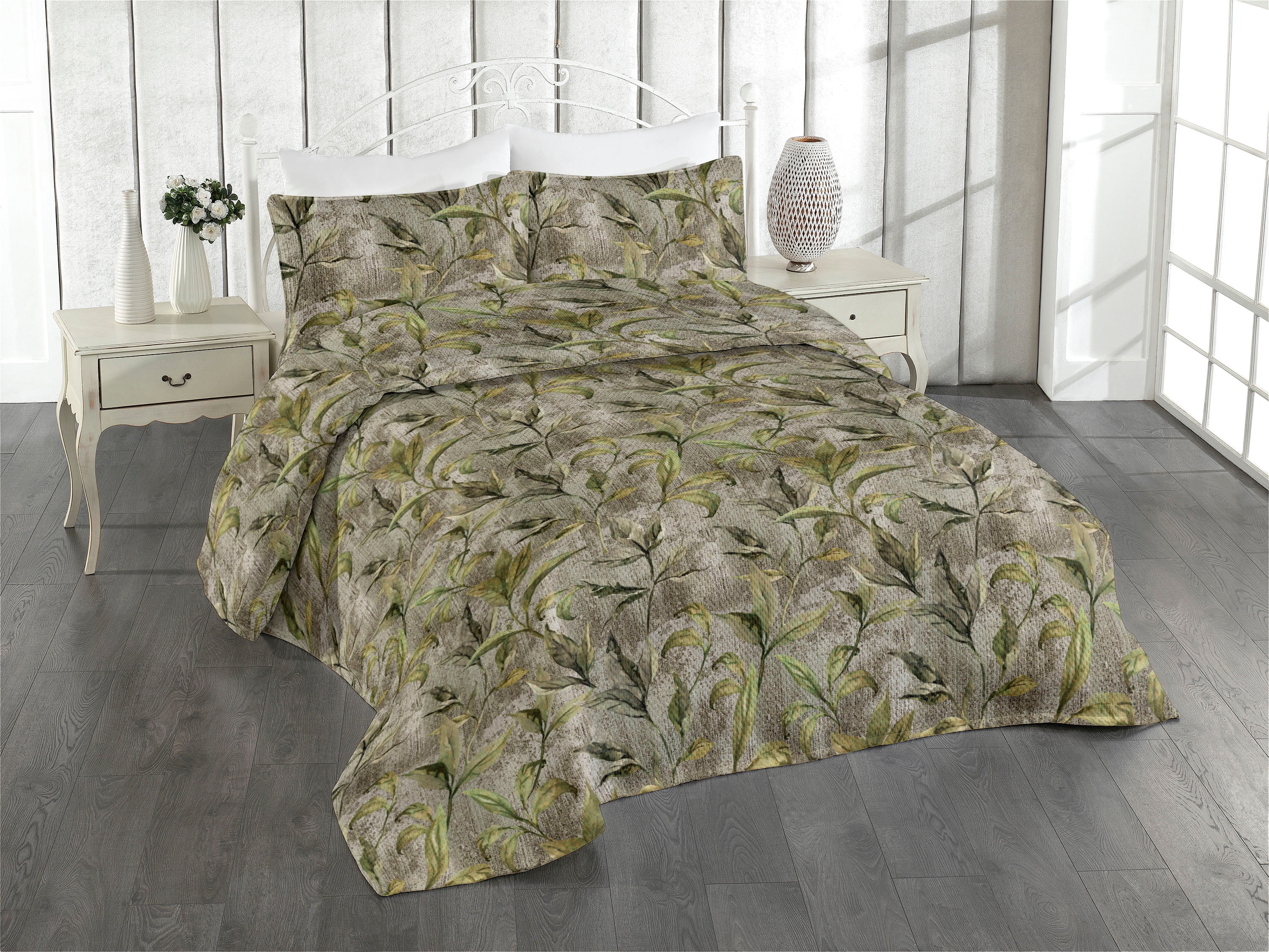 Ambesonne Leaves Greenery Quilted Bedspread Set 3 Pcs, Tropical Leaf ...