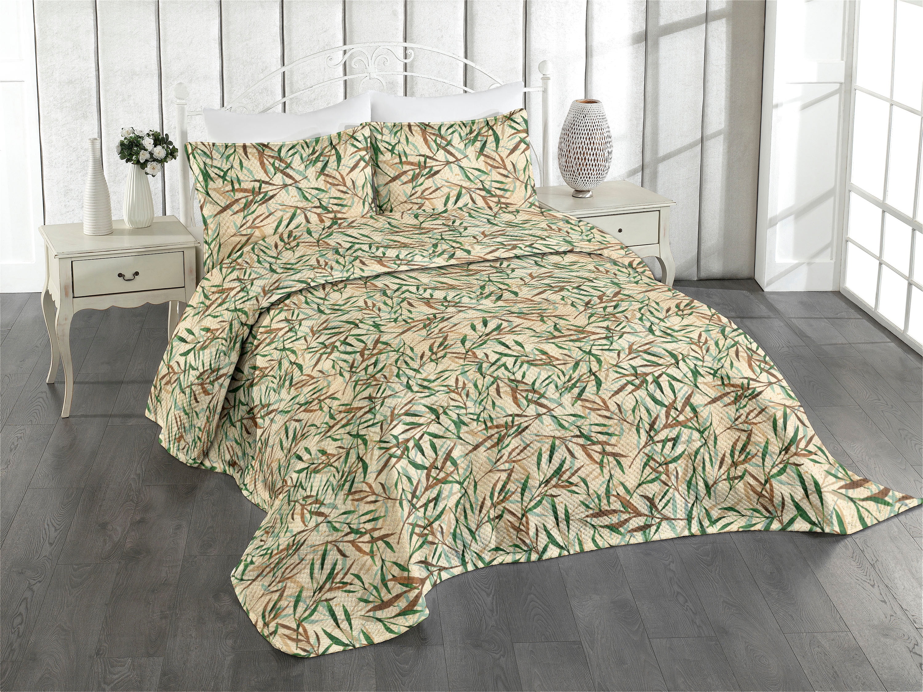 Ambesonne Leaves Greenery Quilted Coverlet 2 Pcs, Delicate Leaf Art ...