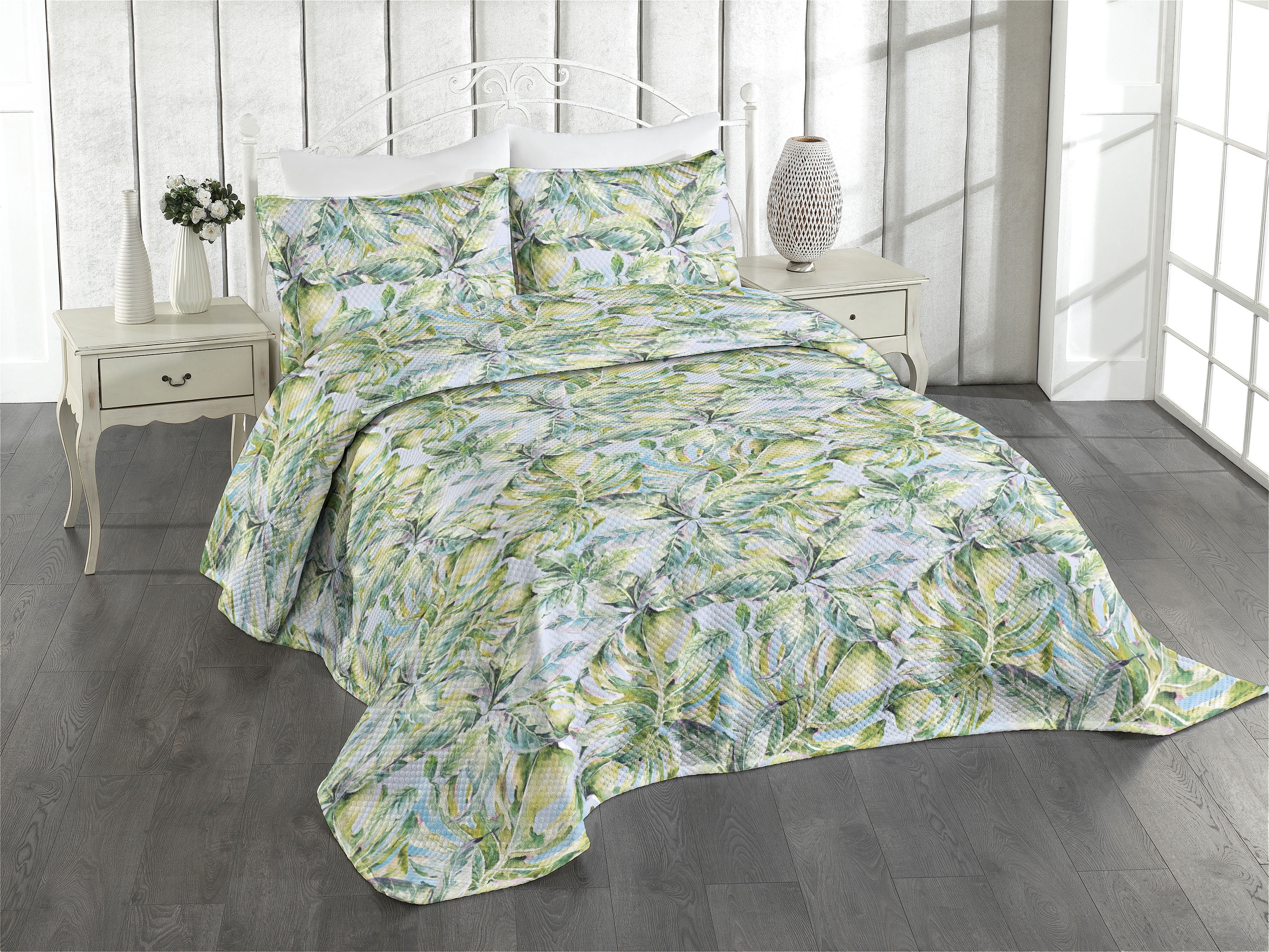 Ambesonne Leaves Greenery Quilted Coverlet 2 Pcs, Tropical Dreamy Art ...