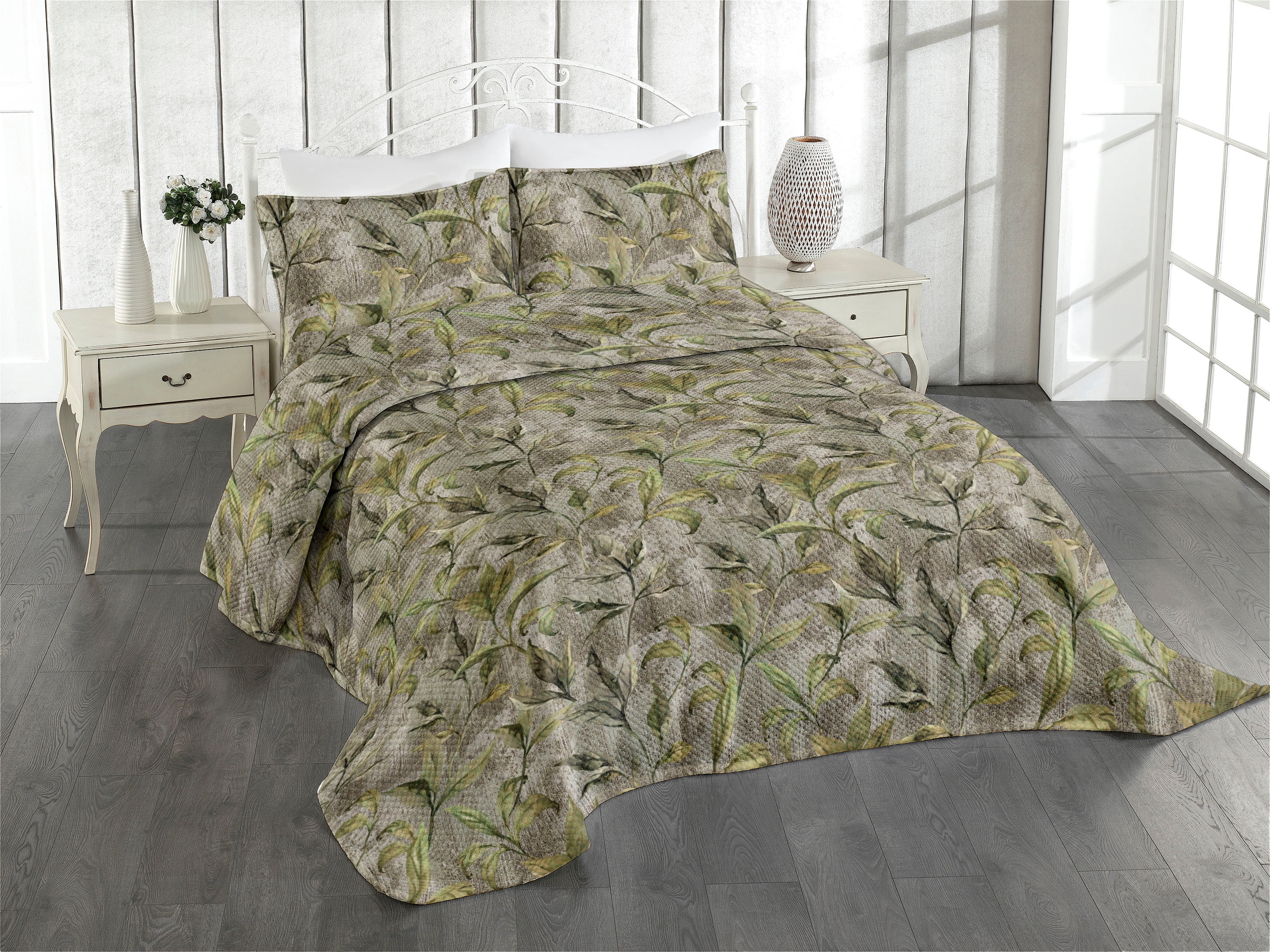 Ambesonne Leaves Greenery Quilted Coverlet 2 Pcs, Tropical Leaf Boho ...