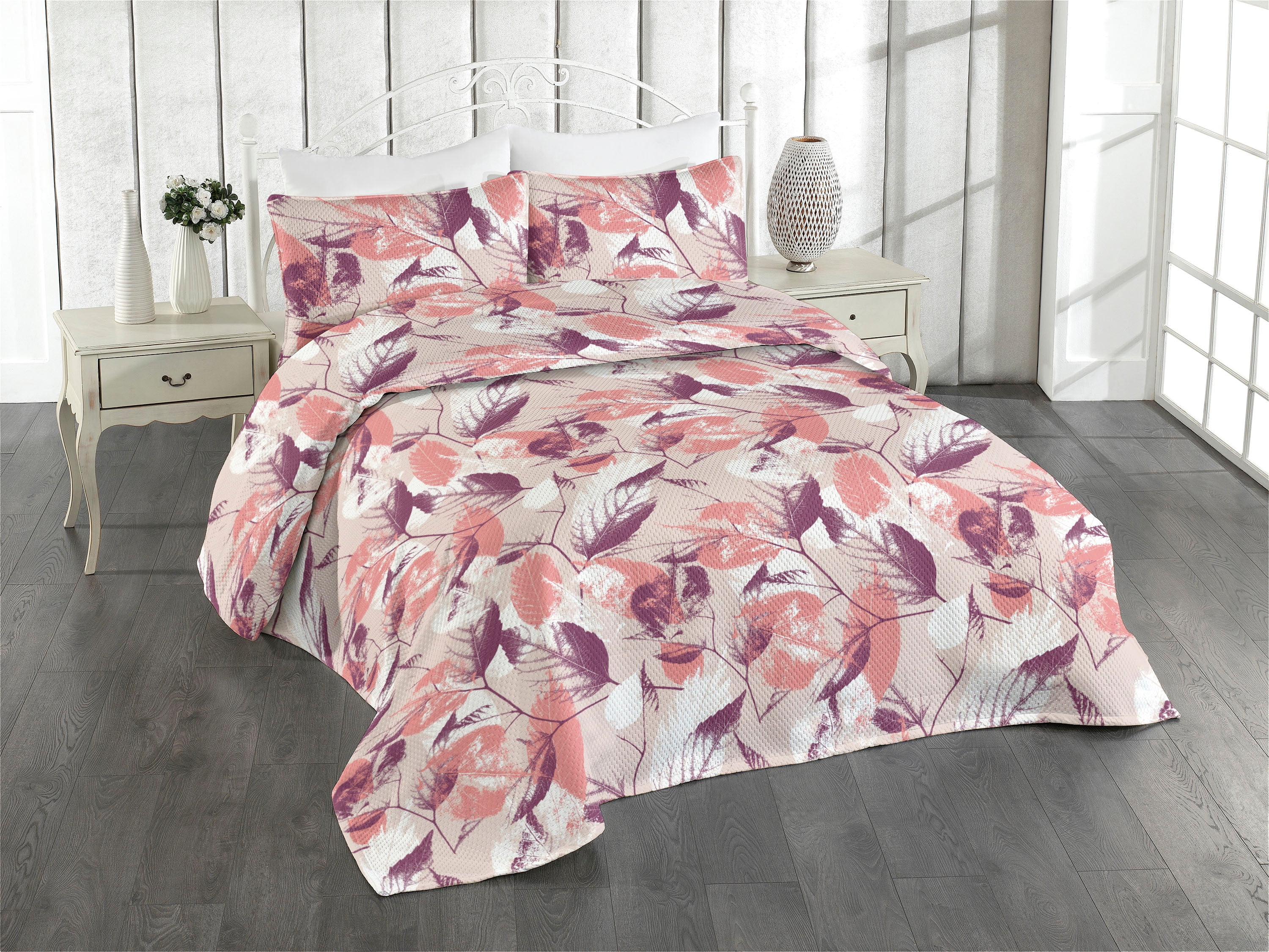 Ambesonne Leaves Pattern Quilted Bedspread Set 3 Pcs, Grunge Leafy ...