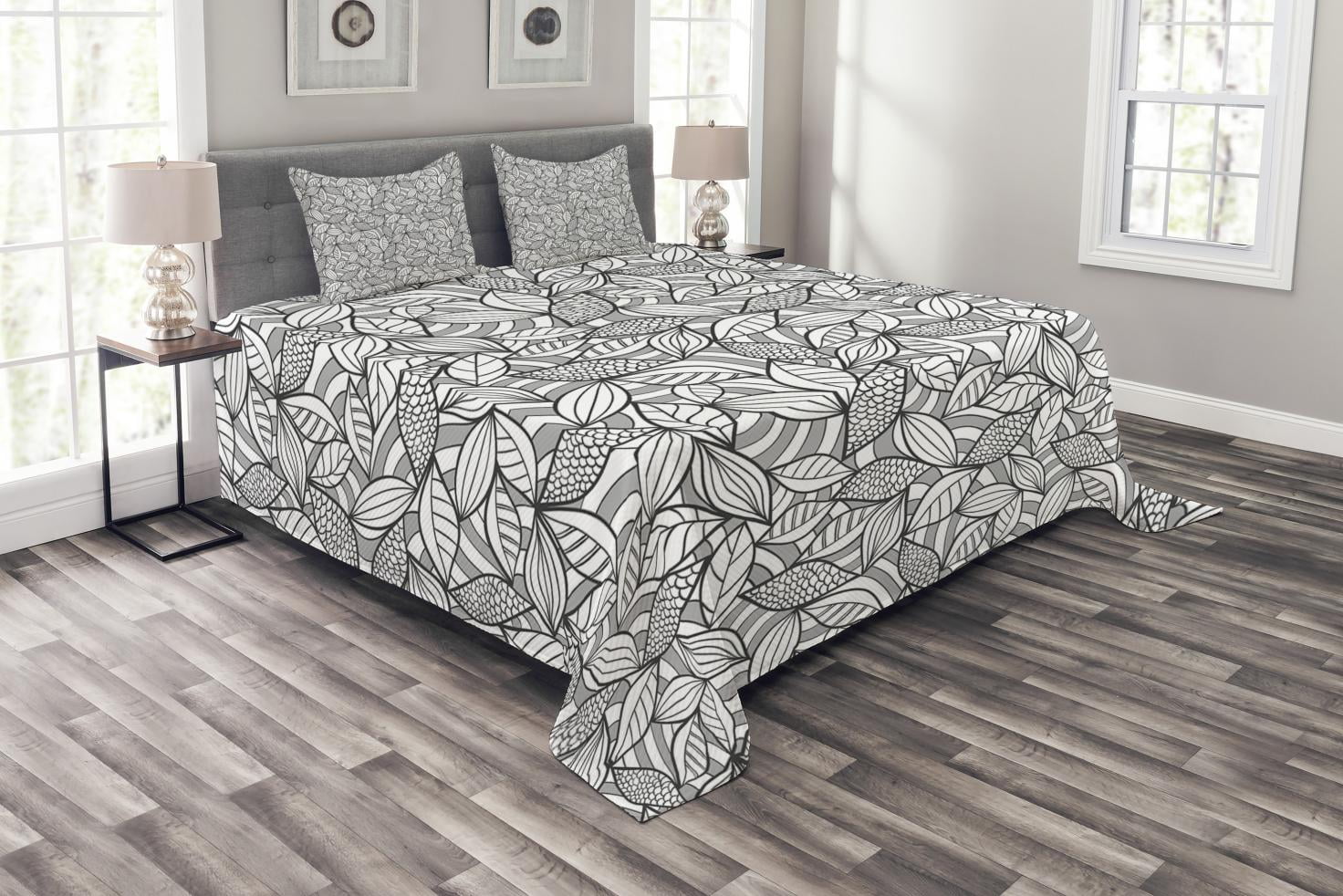Ambesonne Leaves Quilted Bedspread Set 3 Pcs, Abstract Doodle Foliage ...